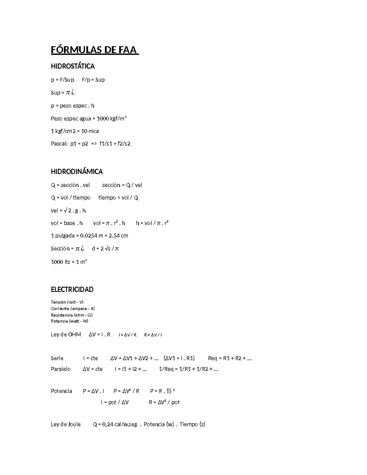 Fórmulas DE FAA - FÓRMULAS DE FAA HIDROSTÁTICA p = F/Sup F/p = Sup Sup ...