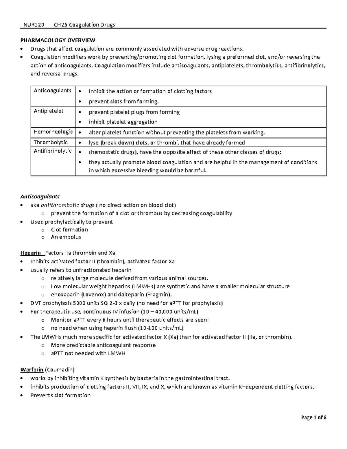 CH26 Coagulation Modifier Drugs Lecture Notes - PHARMACOLOGY OVERVIEW ...