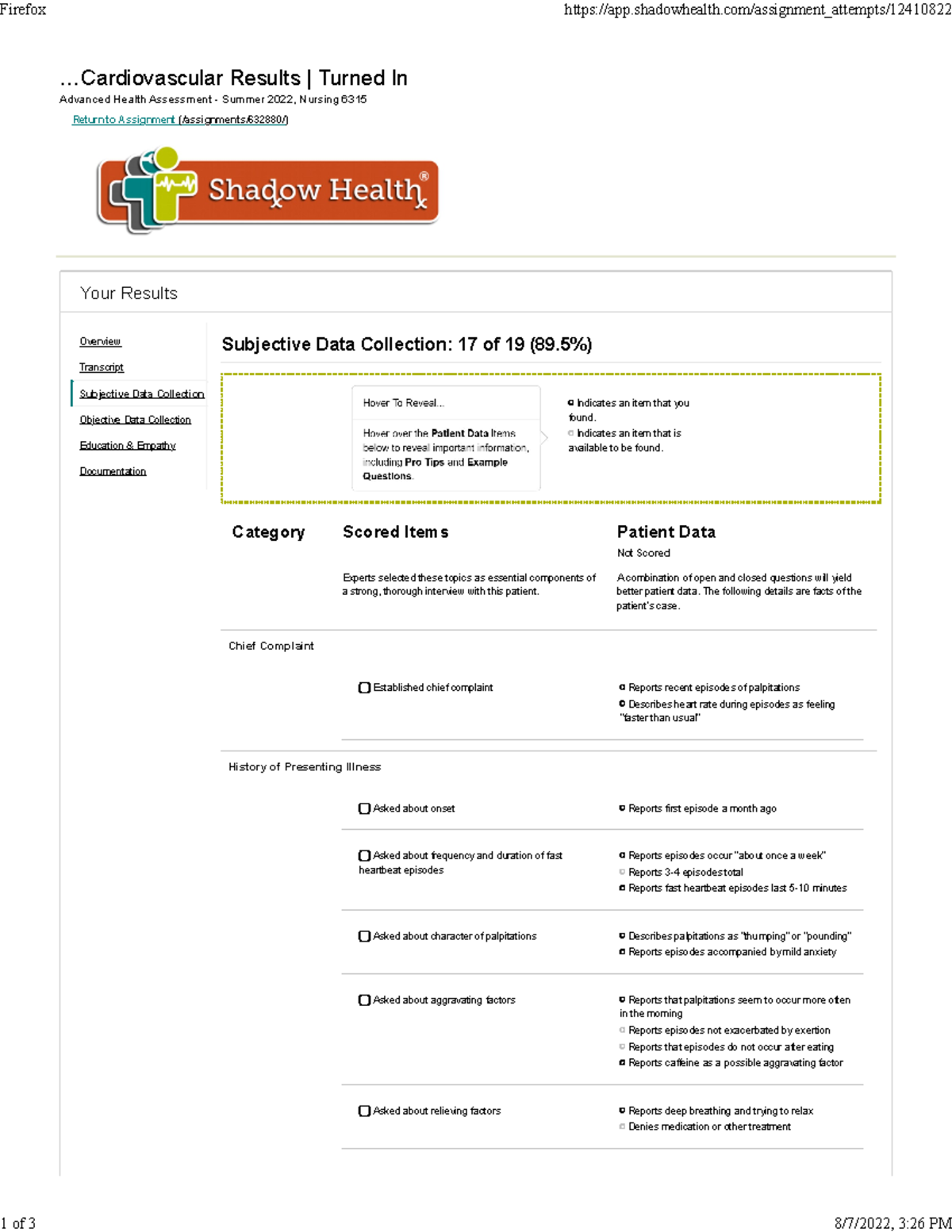 Cardiovascular Subjective Data - .. Results | Turned In Advanced Health ...