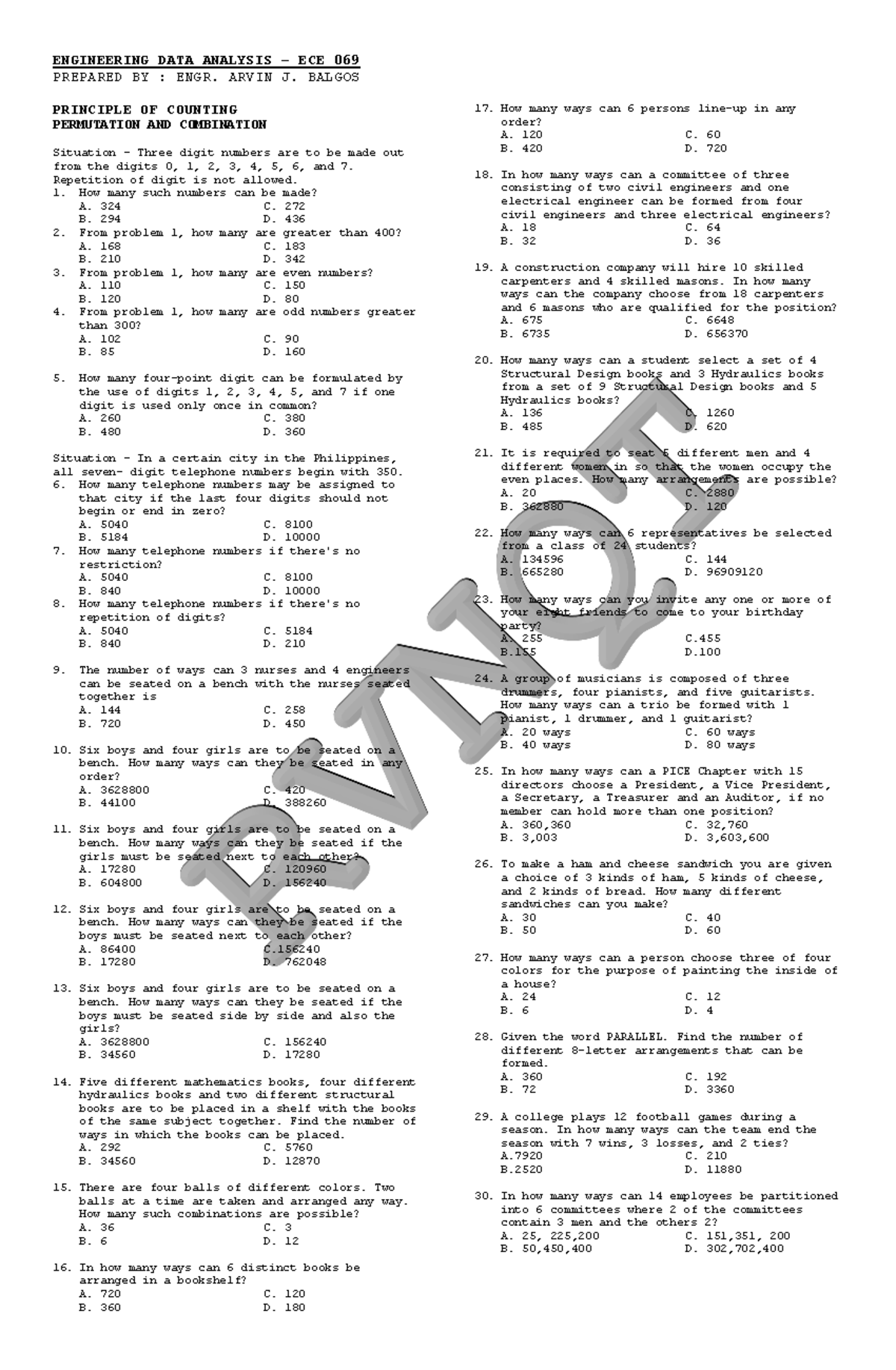 ECE069- Permutation- Combi - ENGINEERING DATA ANALYSIS – ECE 069 PREPARED BY : ENGR. ARVIN J ...