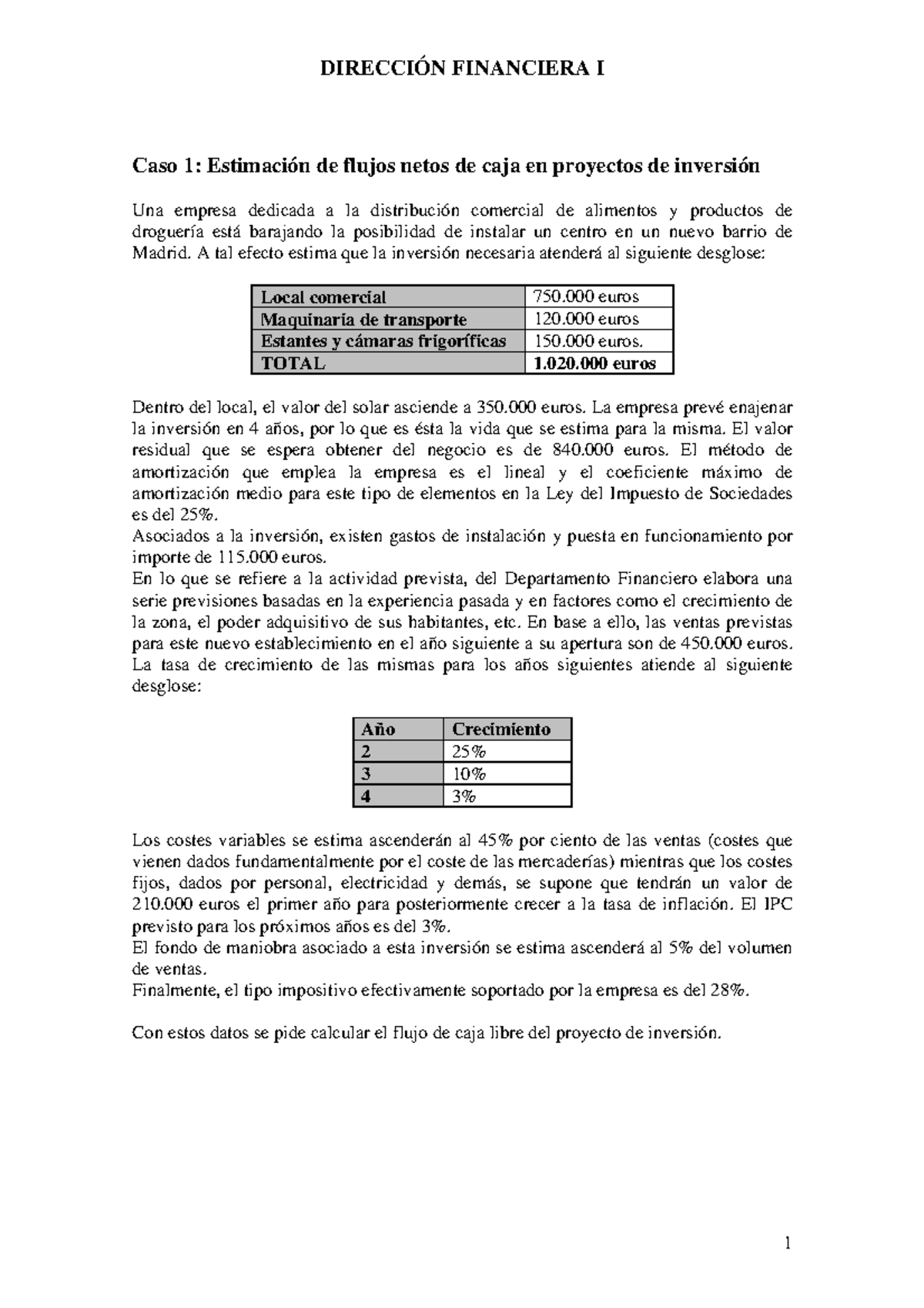 Caso 1 Flujos de Caja Libres (clase) - DIRECCIÓN FINANCIERA I 1 Caso 1: Estimación de flujos ...