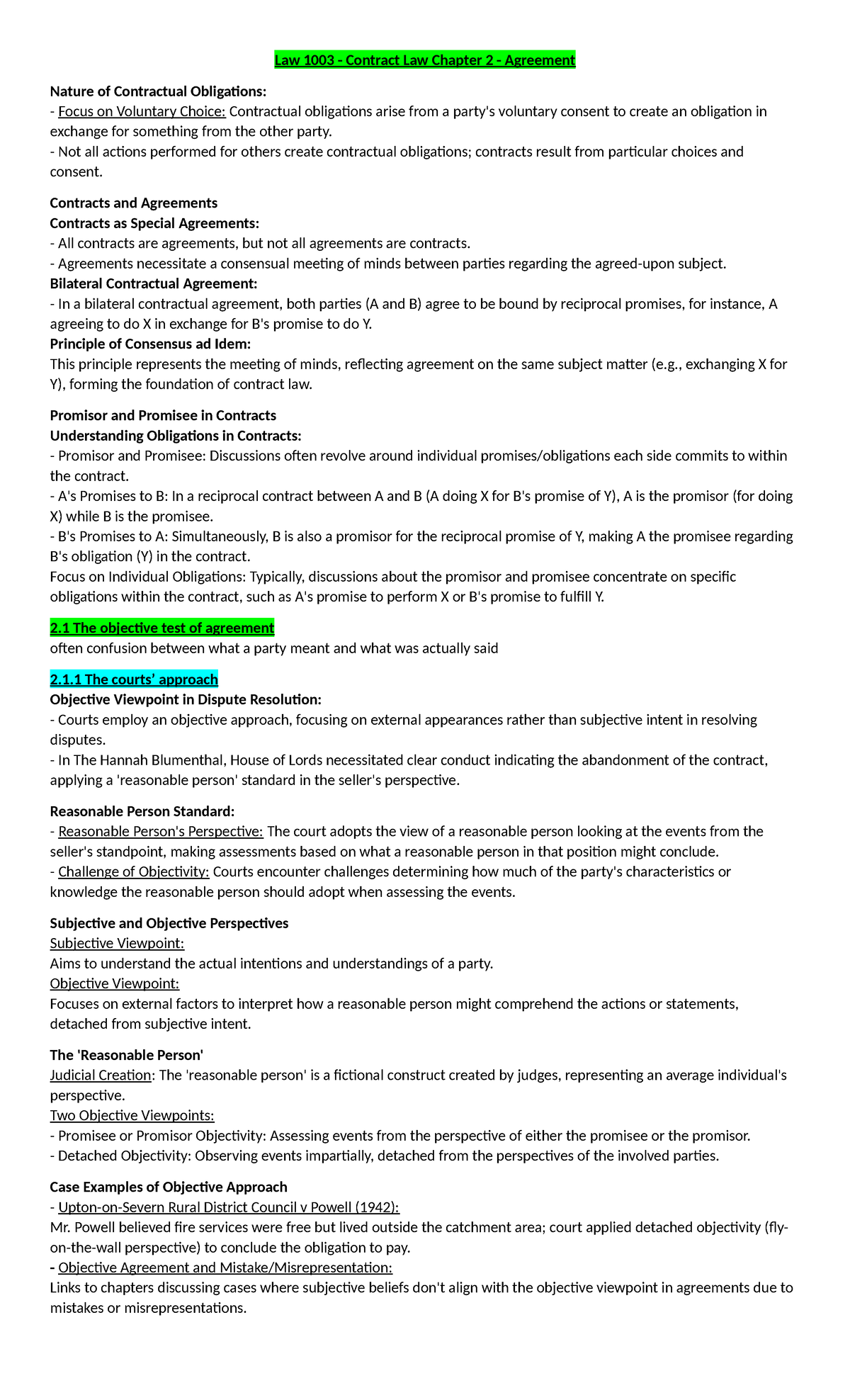 Contract Law Directions Chapter 2 Agreement notes - Law 1003 - Contract ...