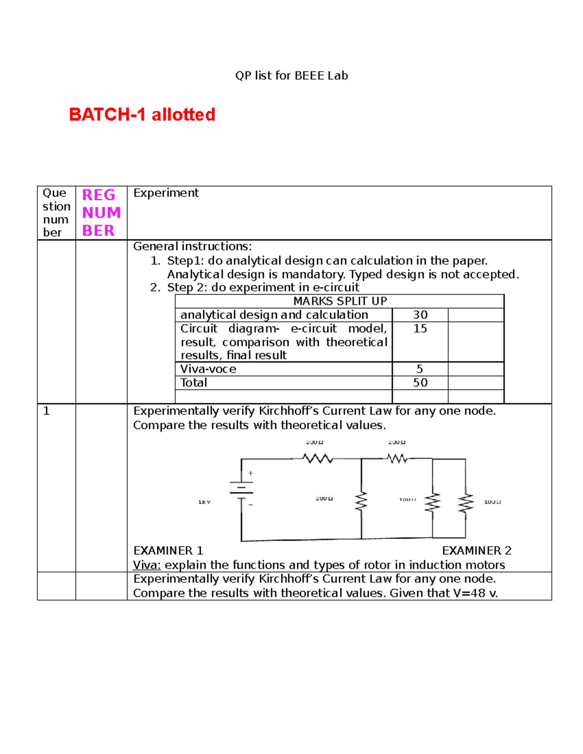 Batch-1-QP LAB-BEEE-2021-CSE-S2 - QP list for BEEE Lab BATCH-1 allotted Que stion num ber REG ...