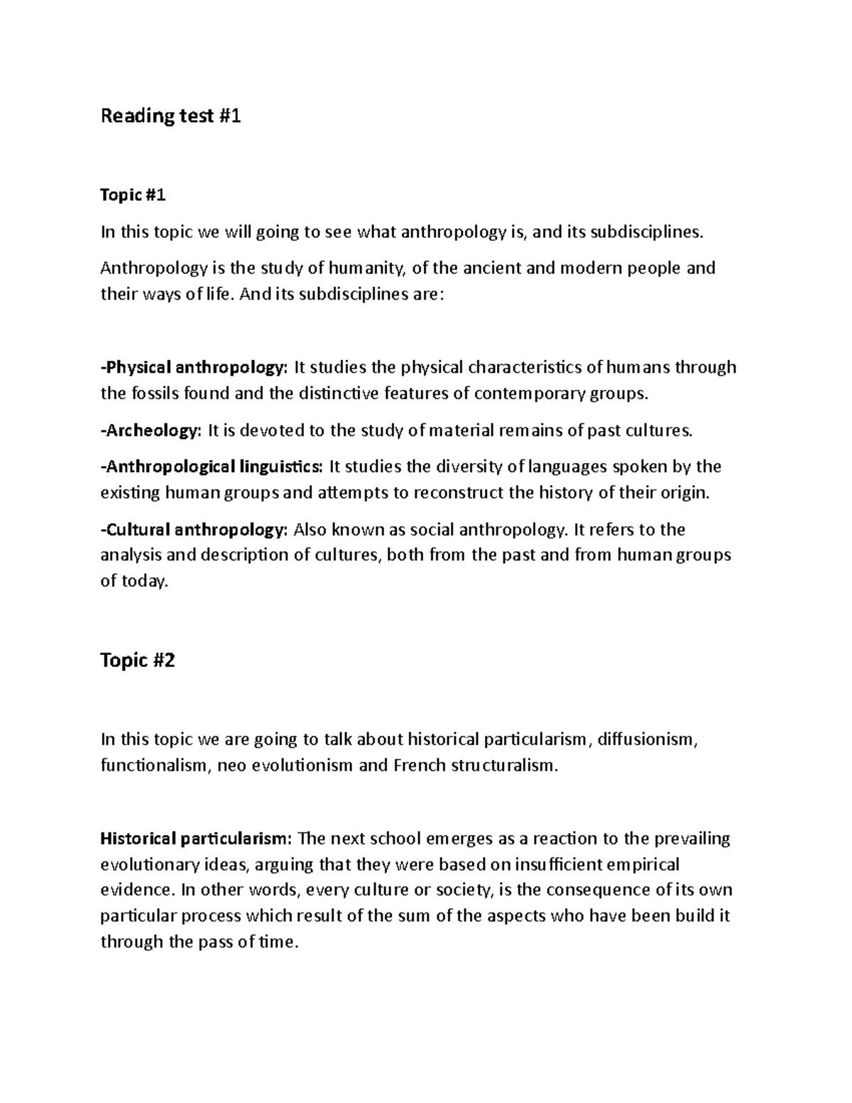 Reading test #1 Anthropology - Reading test Topic # In this topic we ...