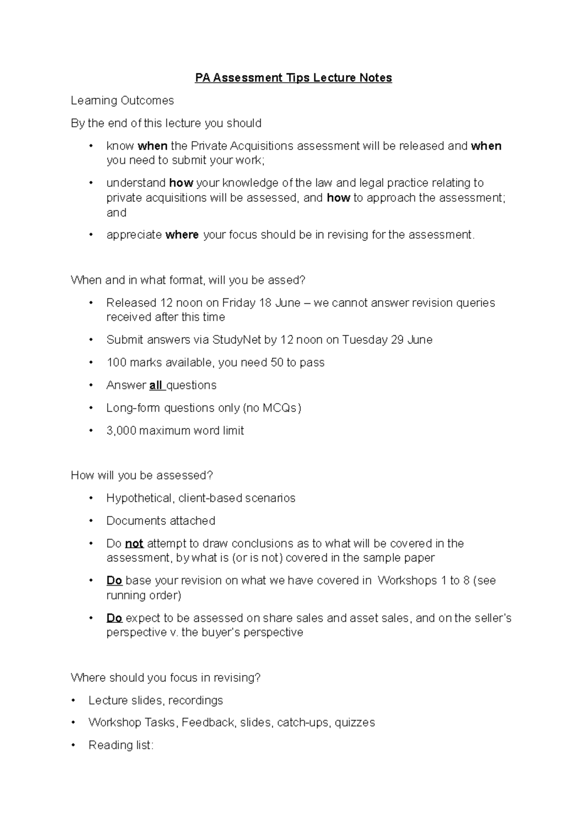 PA Assessment Tips Lecture Notes - PA Assessment Tips Lecture Notes ...