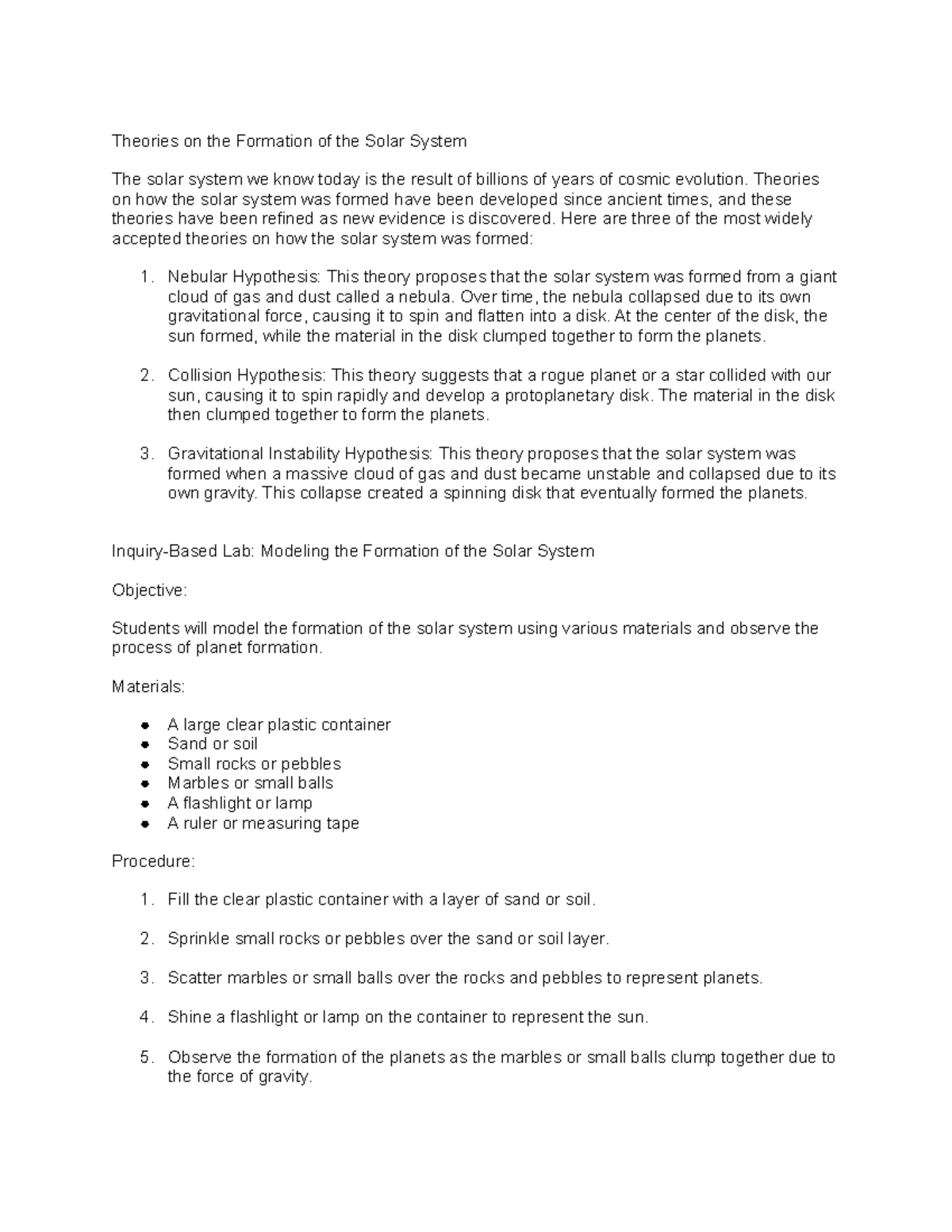 Theoriesonthe Formationofthe Solar System Laband Research-1 - Theories ...