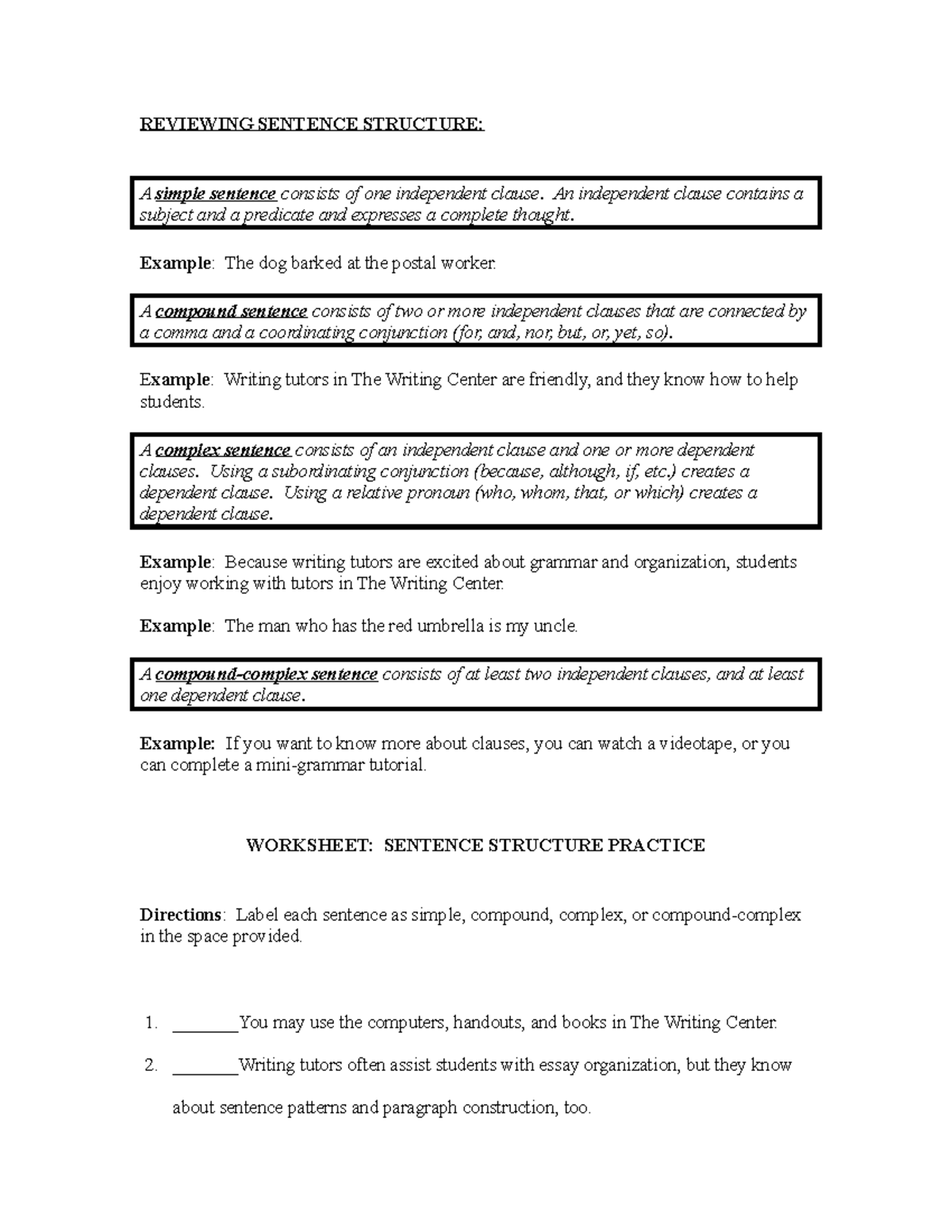 Sentence Structure (2) (1) (1) - REVIEWING SENTENCE STRUCTURE: A simple ...