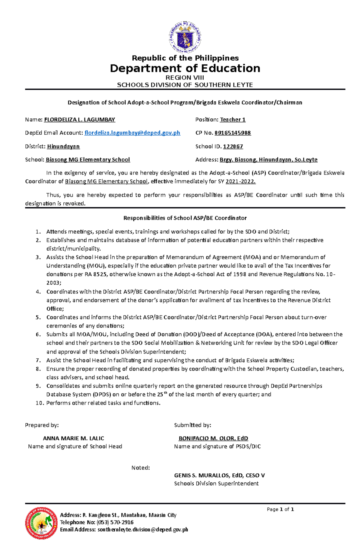 SO-FLOR- ASP-BE Coordinator - Republic of the Philippines Department of ...