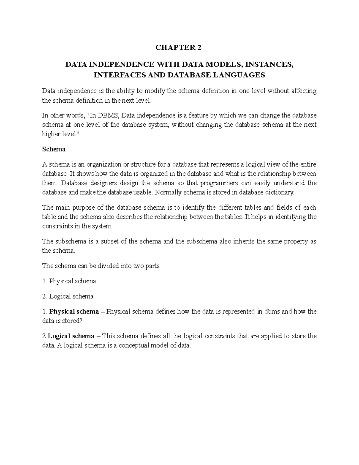 Chapter 2 DATA Independence WITH DATA Models - CHAPTER 2 DATA ...
