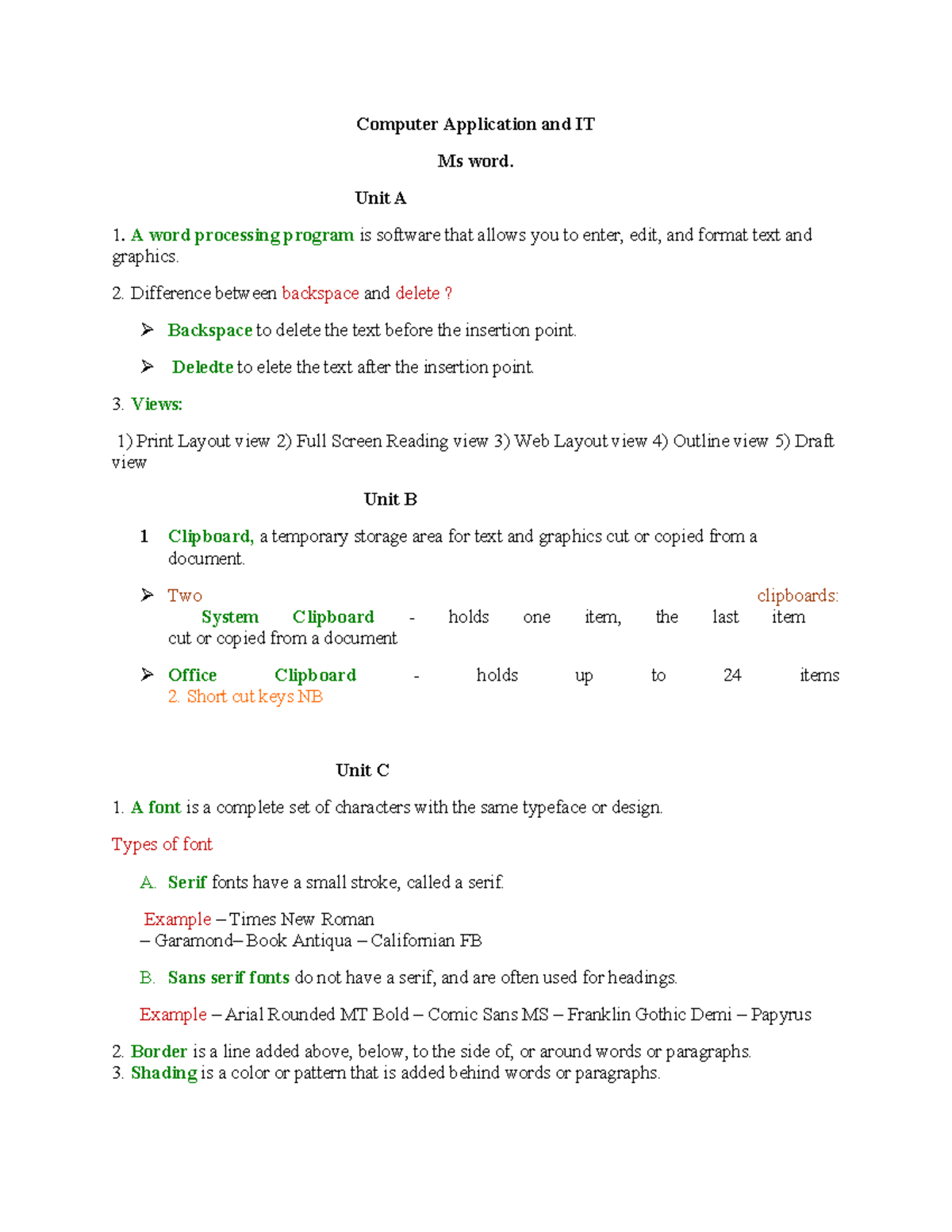 Note Of Computer - Computer Application and IT Ms word. Unit A A word ...