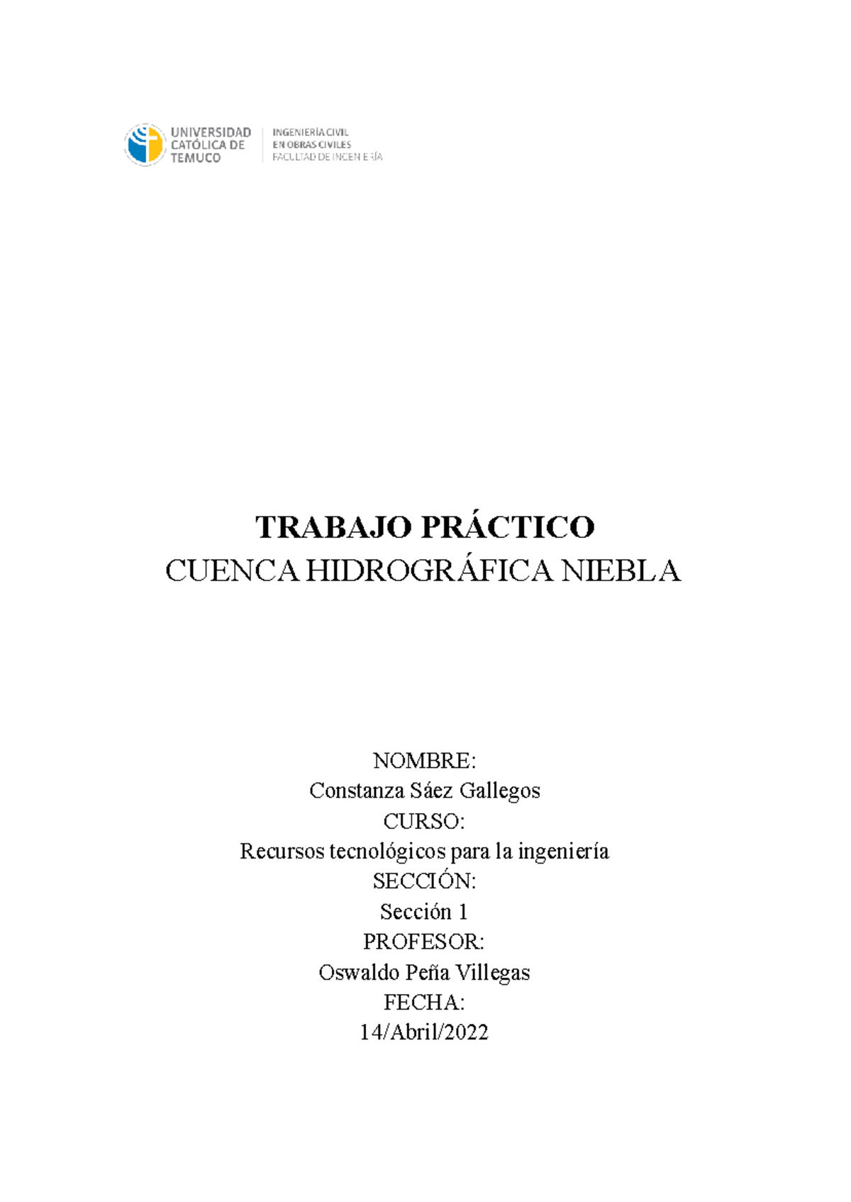 Trabajo Práctico 1 - TRABAJO PRÁCTICO CUENCA HIDROGRÁFICA NIEBLA NOMBRE ...