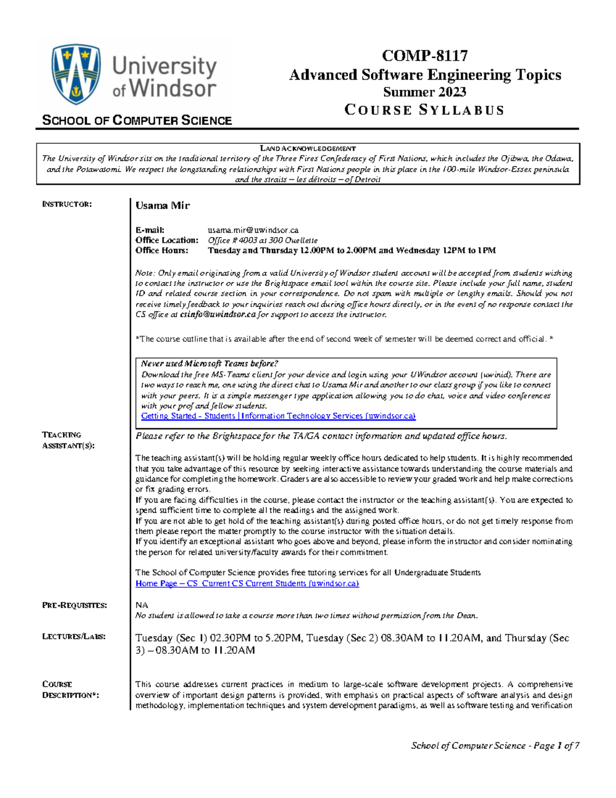 COMP8117 Outline Template 2023 Summer 2023 - Mir-Sections 1and2 - GENG 2340 - U of W - Studocu