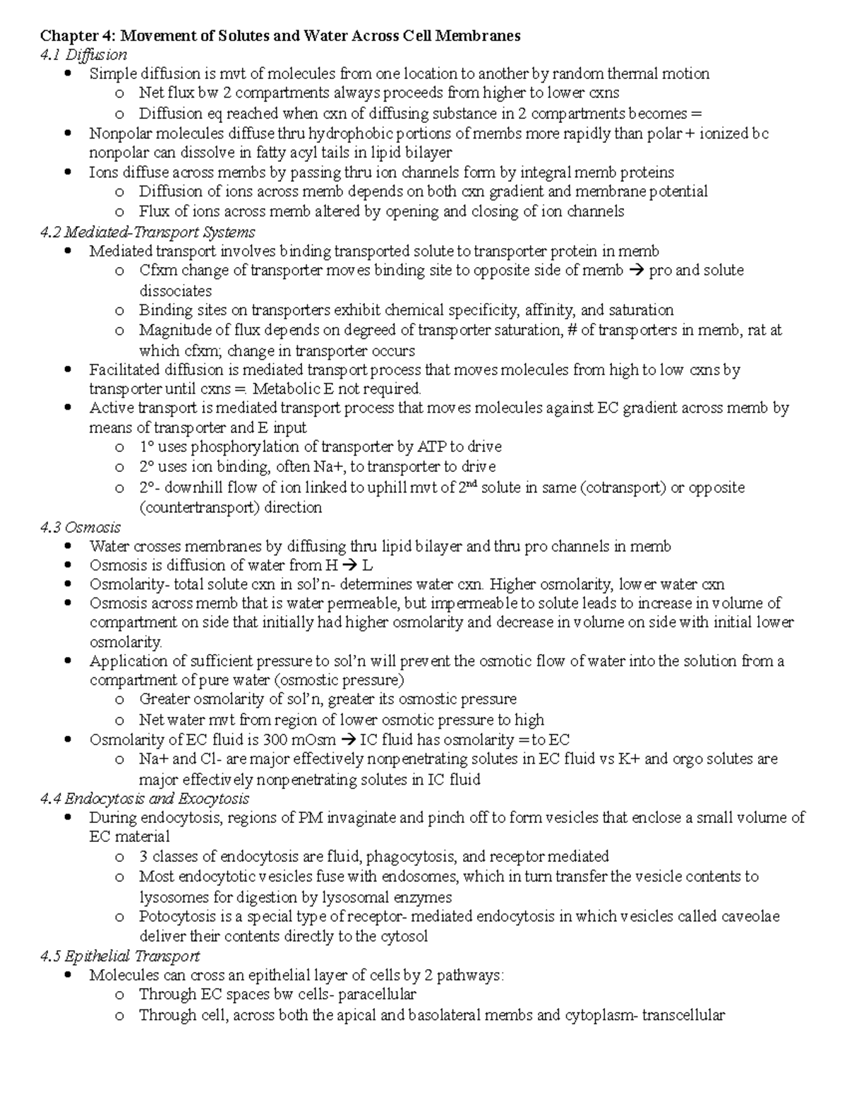 Chapter 4 - Chapter 4: Movement of Solutes and Water Across Cell ...
