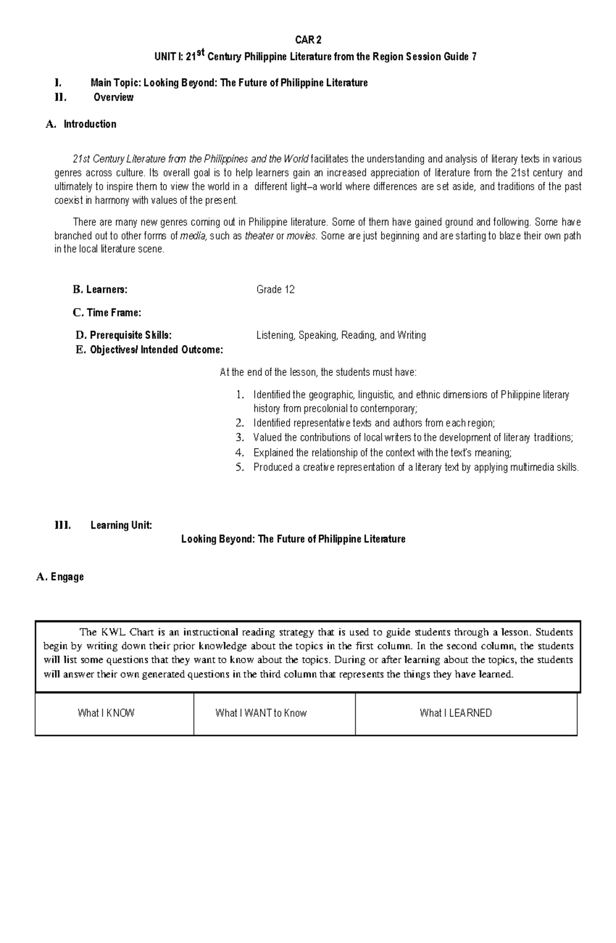 Module 7 - car - The KWL Chart is an instructional reading strategy ...