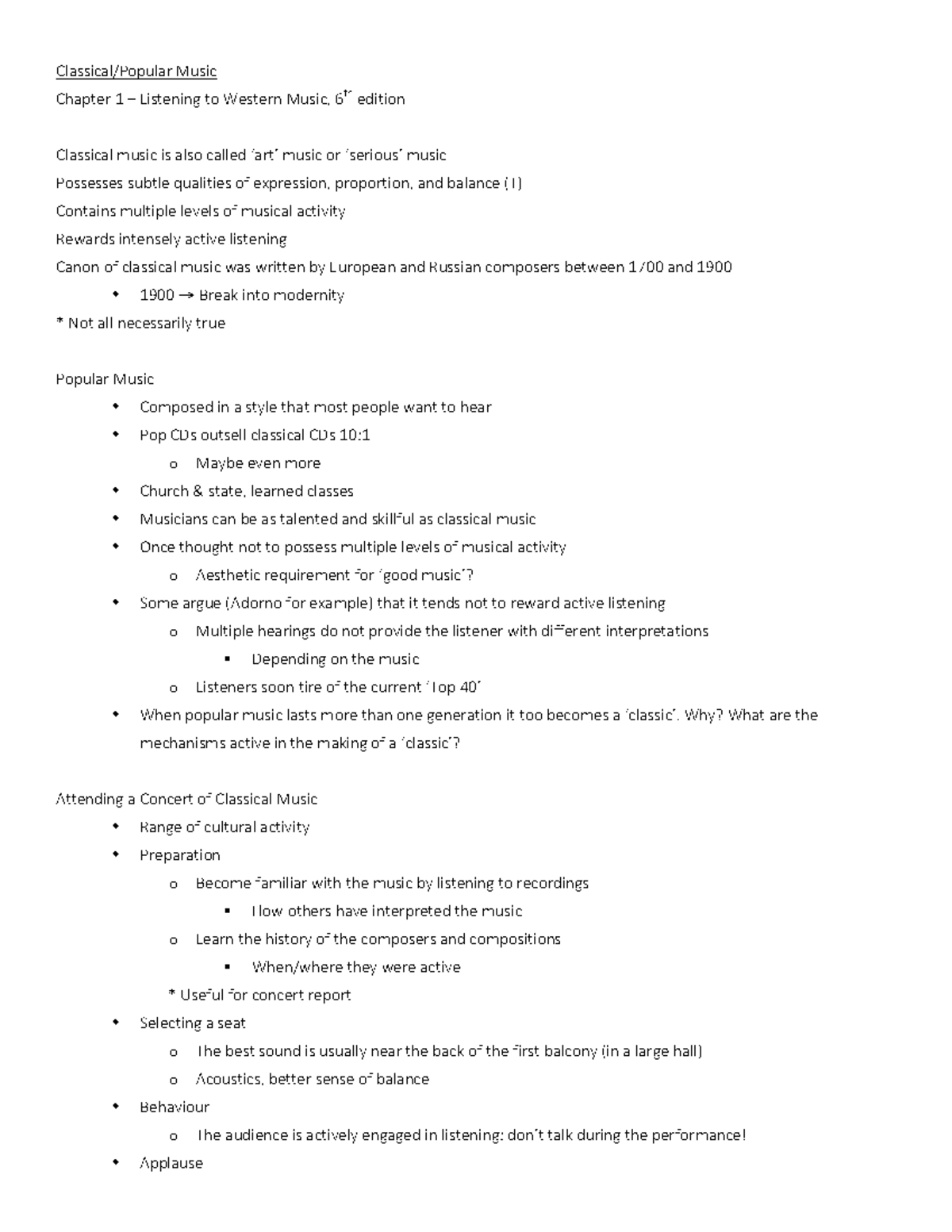 Lecture notes, lecture 1-30 - Classical/Popular Music Chapter 1 ...