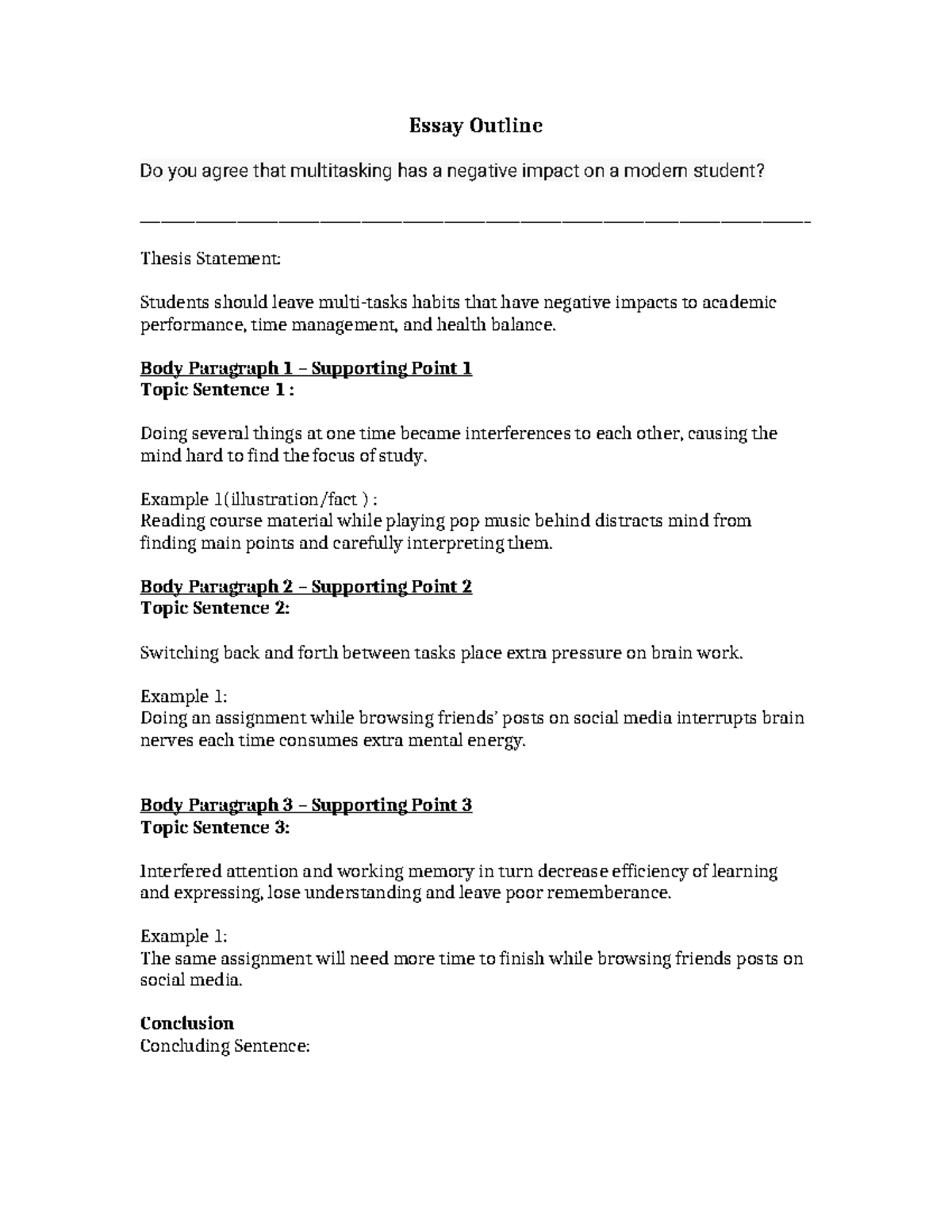 Essay Outlines Template for practise writing an outline for an essay ...