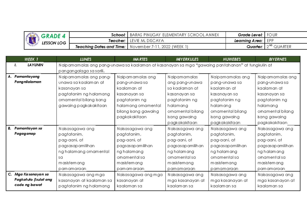 DLL Q2 WEEK 1 EPP - daily lesson plan - GRADE 4 DAILY LESSON LOG School ...