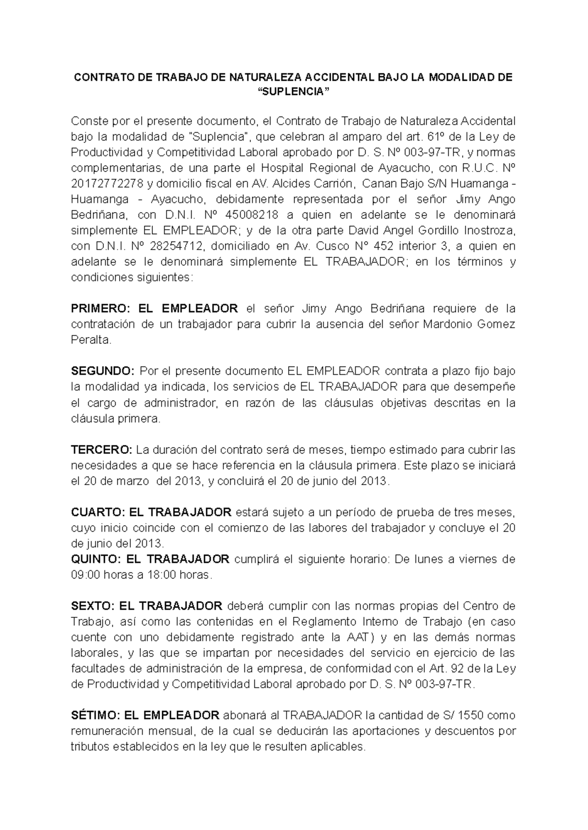 Contrato de suplencia - CONTRATO DE TRABAJO DE NATURALEZA ACCIDENTAL BAJO LA MODALIDAD DE - Studocu