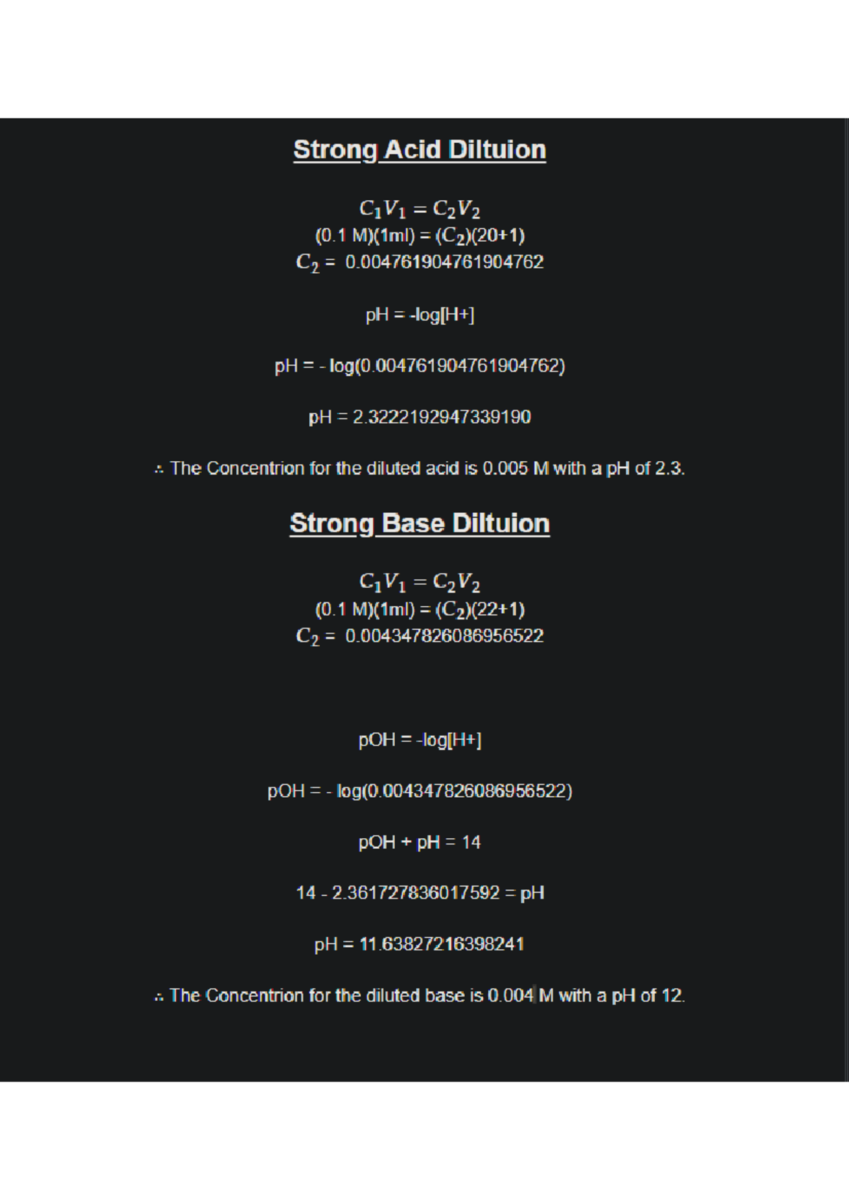 Lab3 - Lab 3 - Strong Acid Diltuion C1V1 C2V2 (0 C2 0 log(0) pH : The Concentrion for the ...