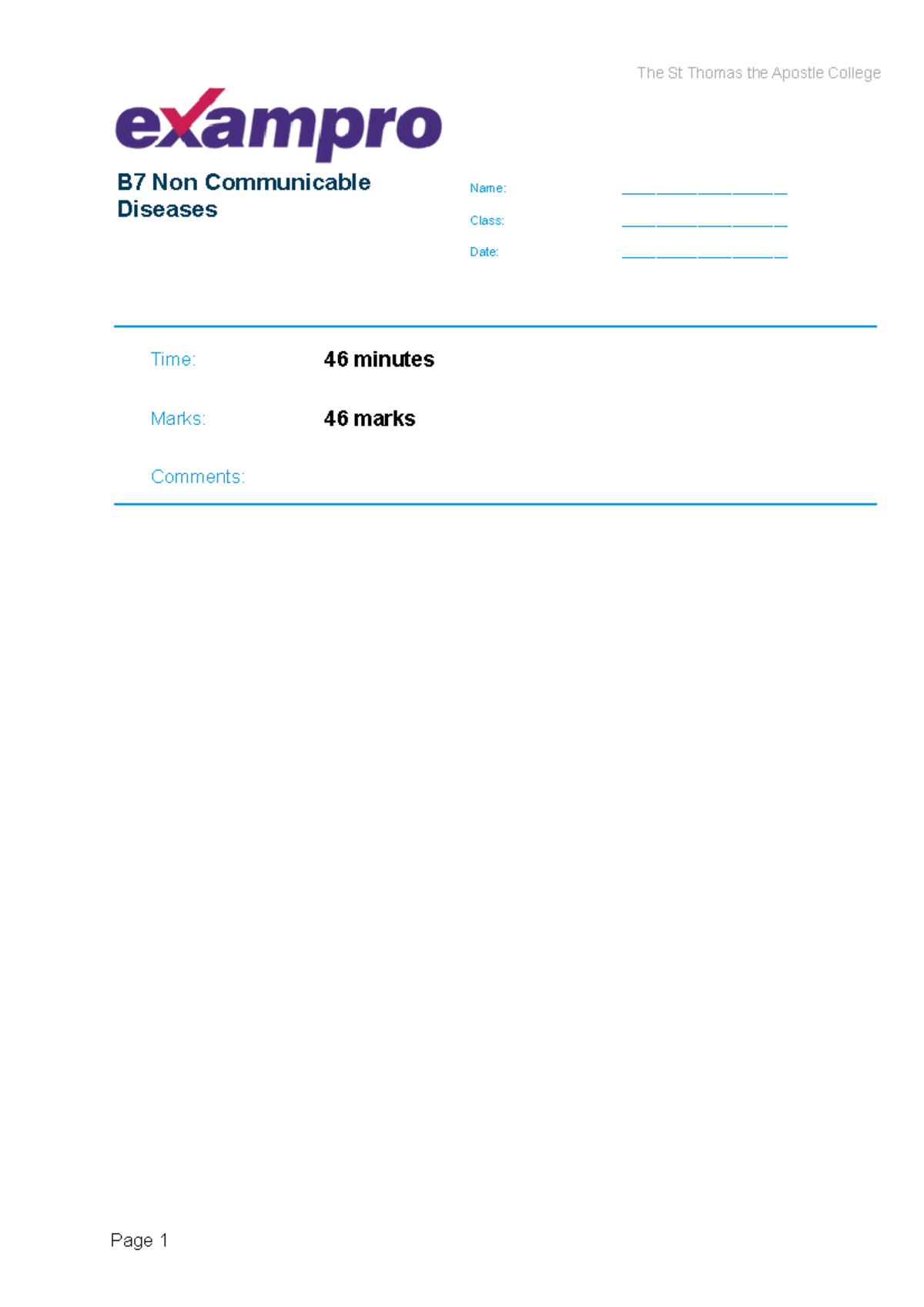 B7 non communicale diseases exam qs - B7 Non Communicable Diseases Name