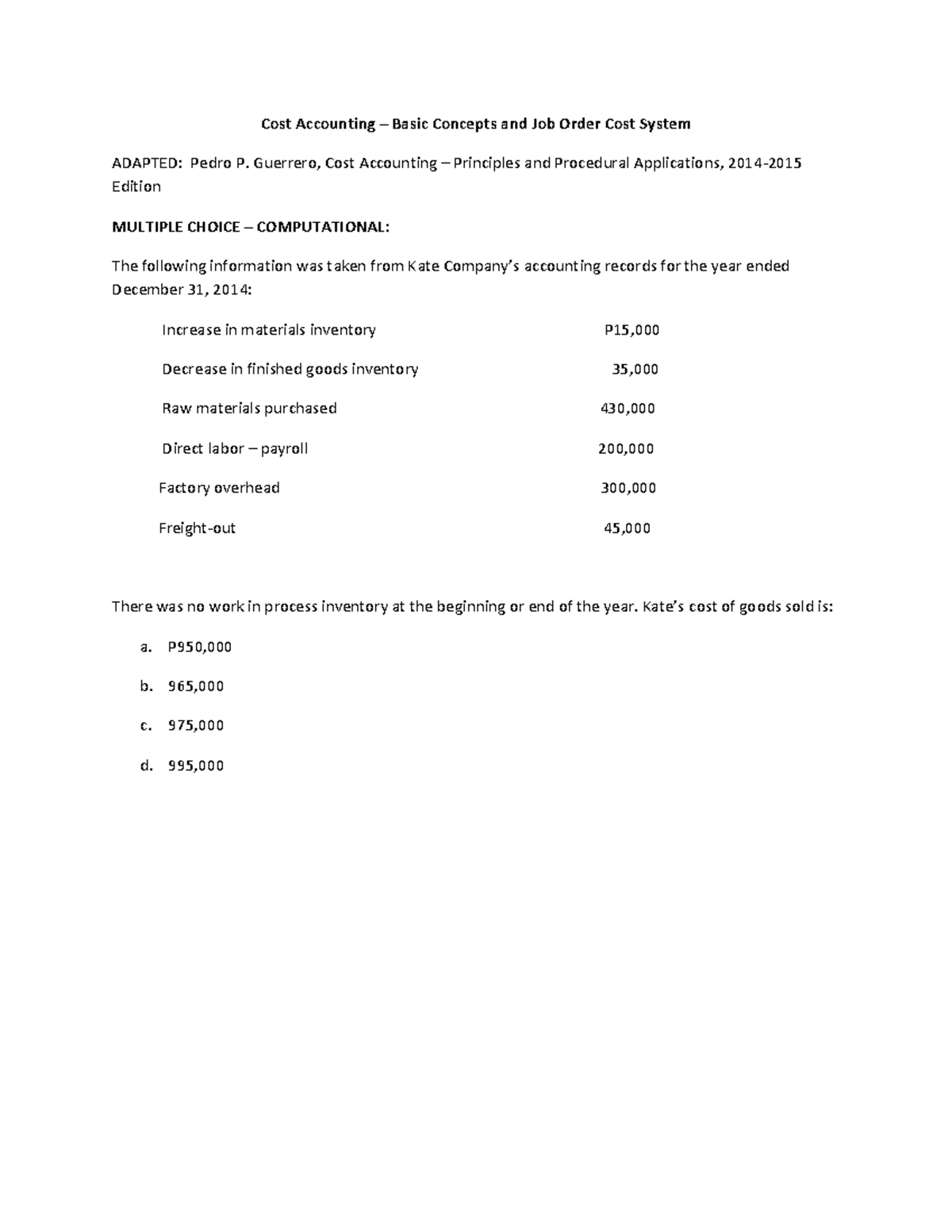 Cost Acc ounting – Basic Concepts and Job Order Cost System- Kate ...