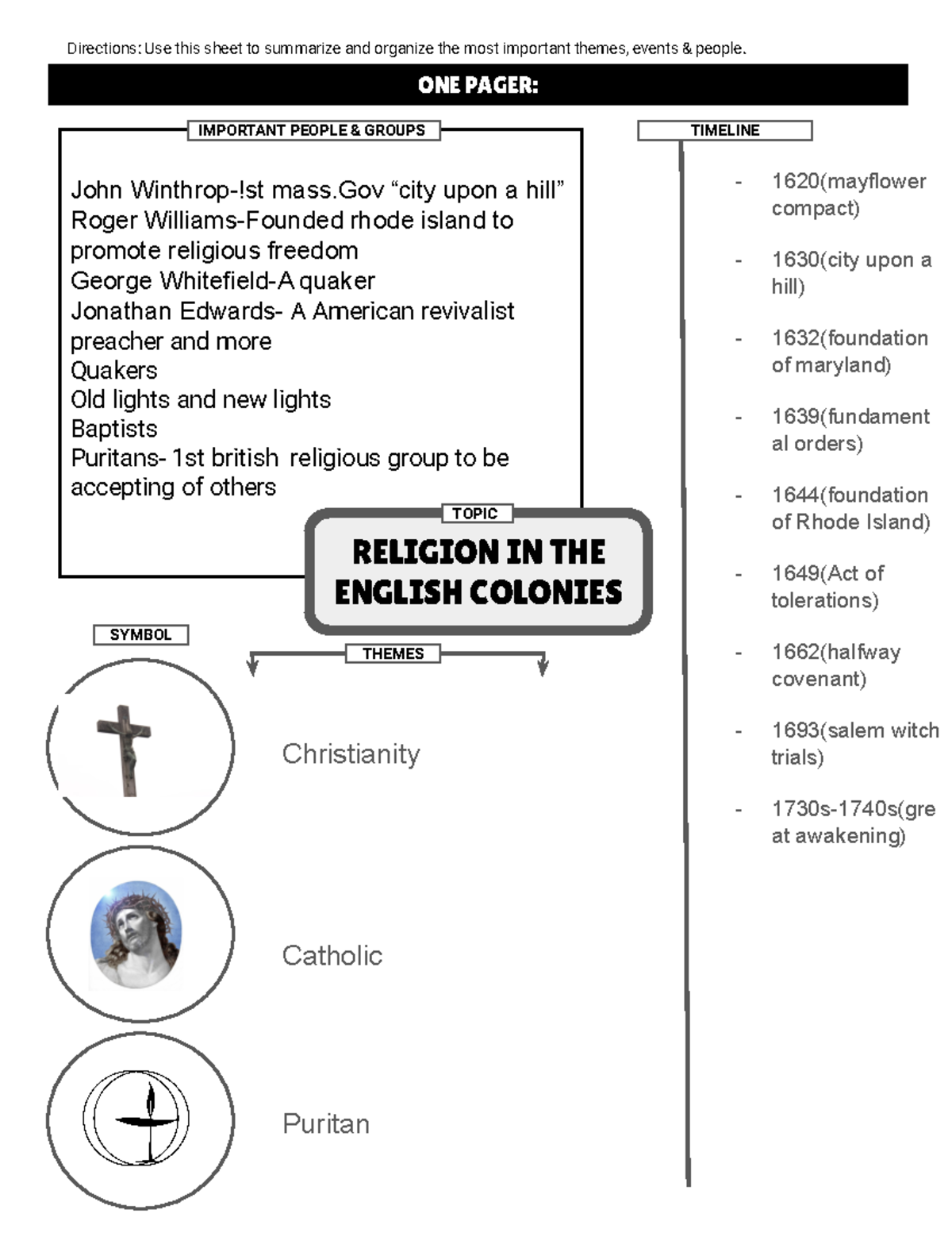 Copy of 10. 1-Pager Religion in the Colonies - ONE PAGER: John Winthrop ...