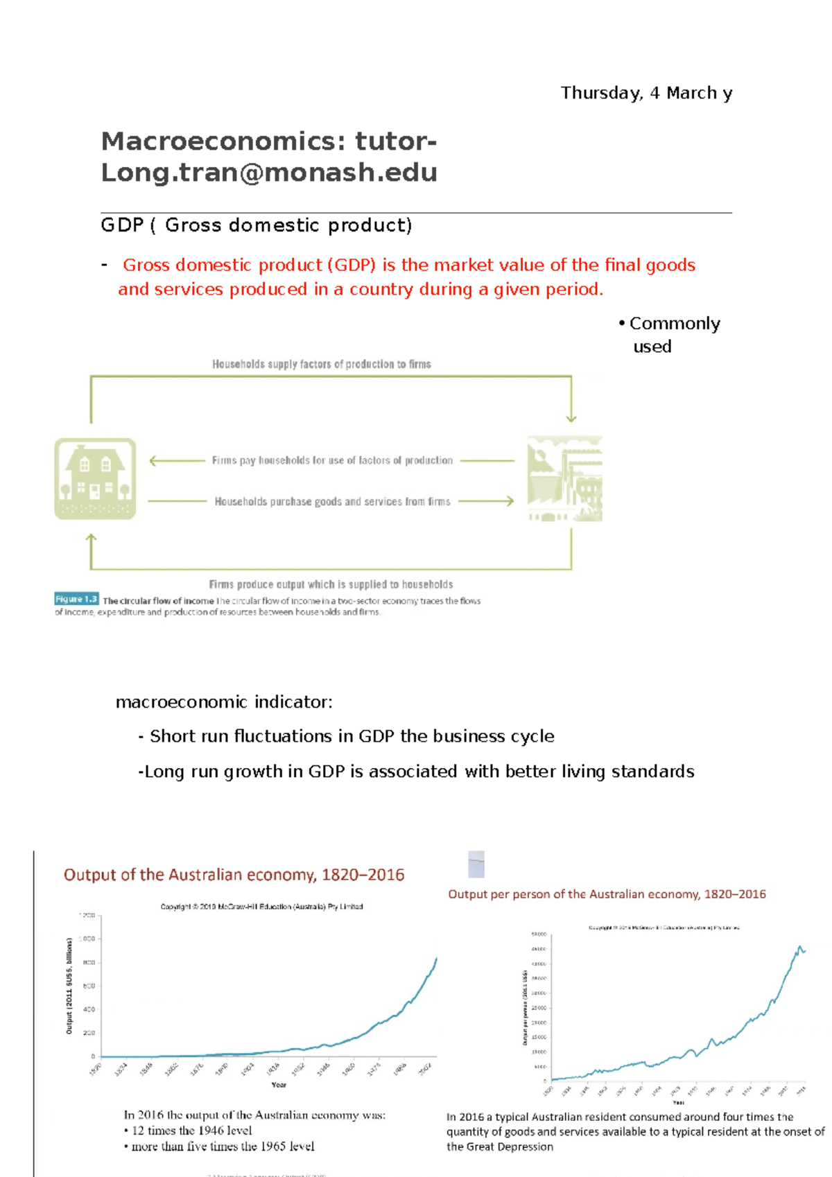 Macro Notes - Macroeconomics: tutor- Long@monash GDP ( Gross domestic ...