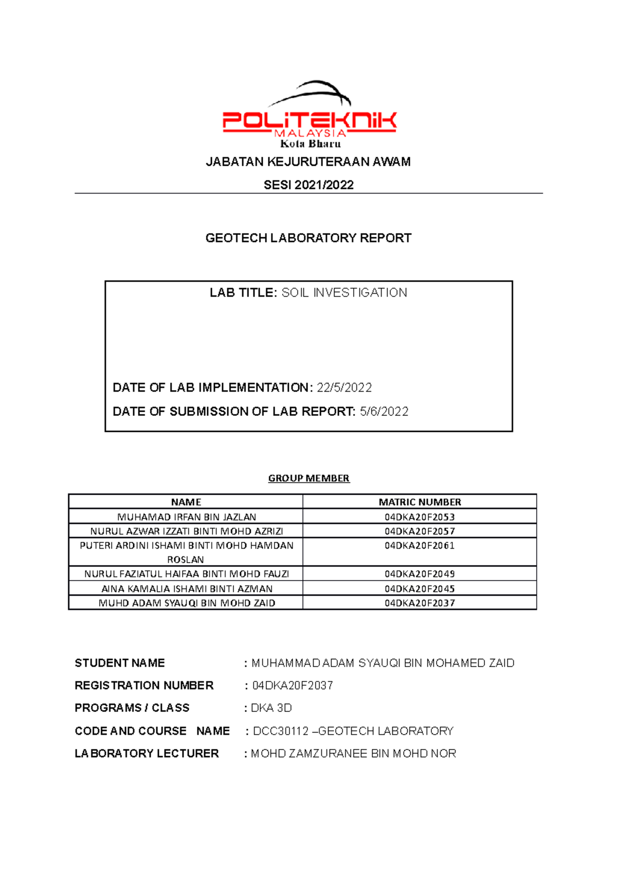 Soil investigstion - soil investigation for geotech lab report ...