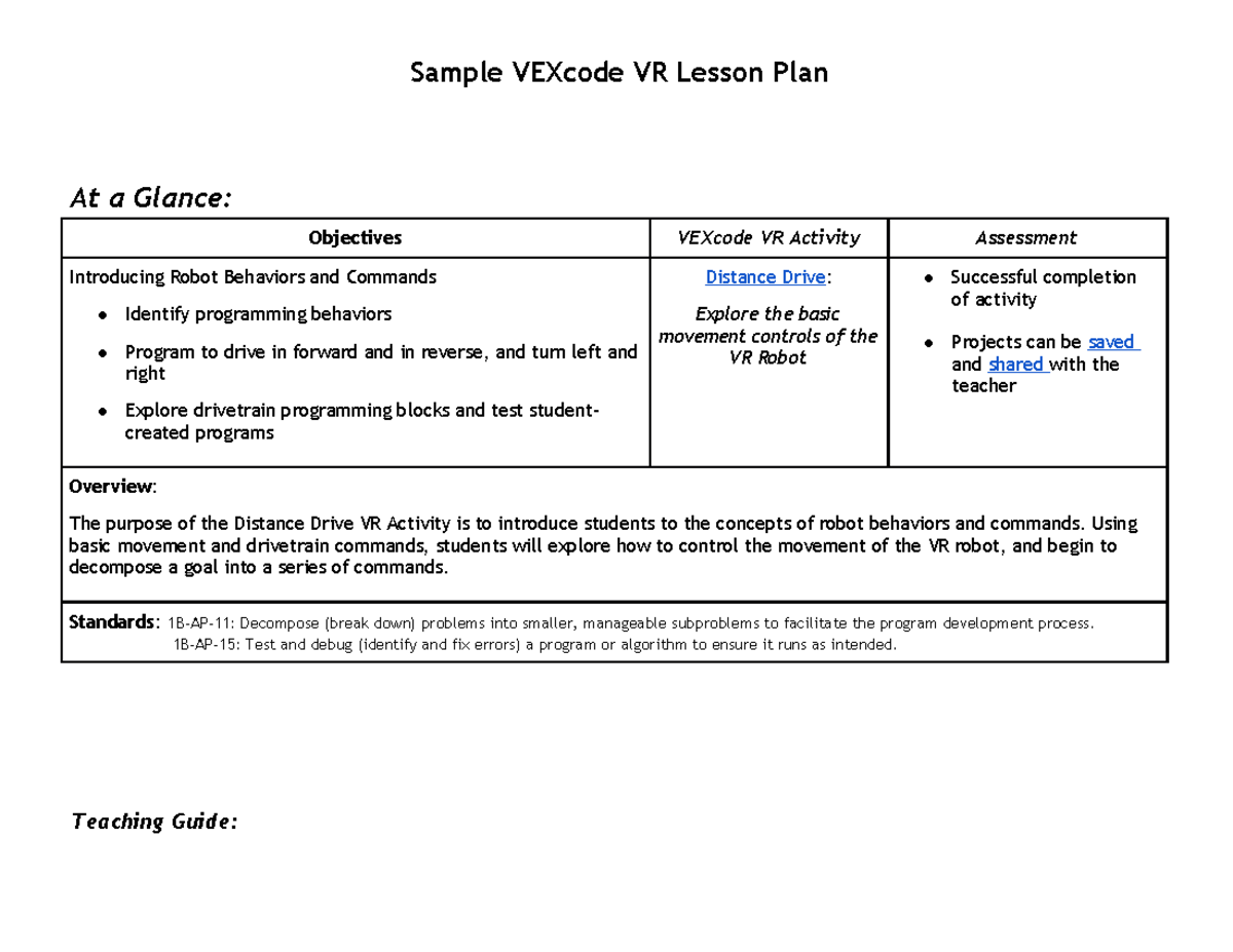 Sample VEXcode VR Lesson Plan - Using basic movement and drivetrain ...