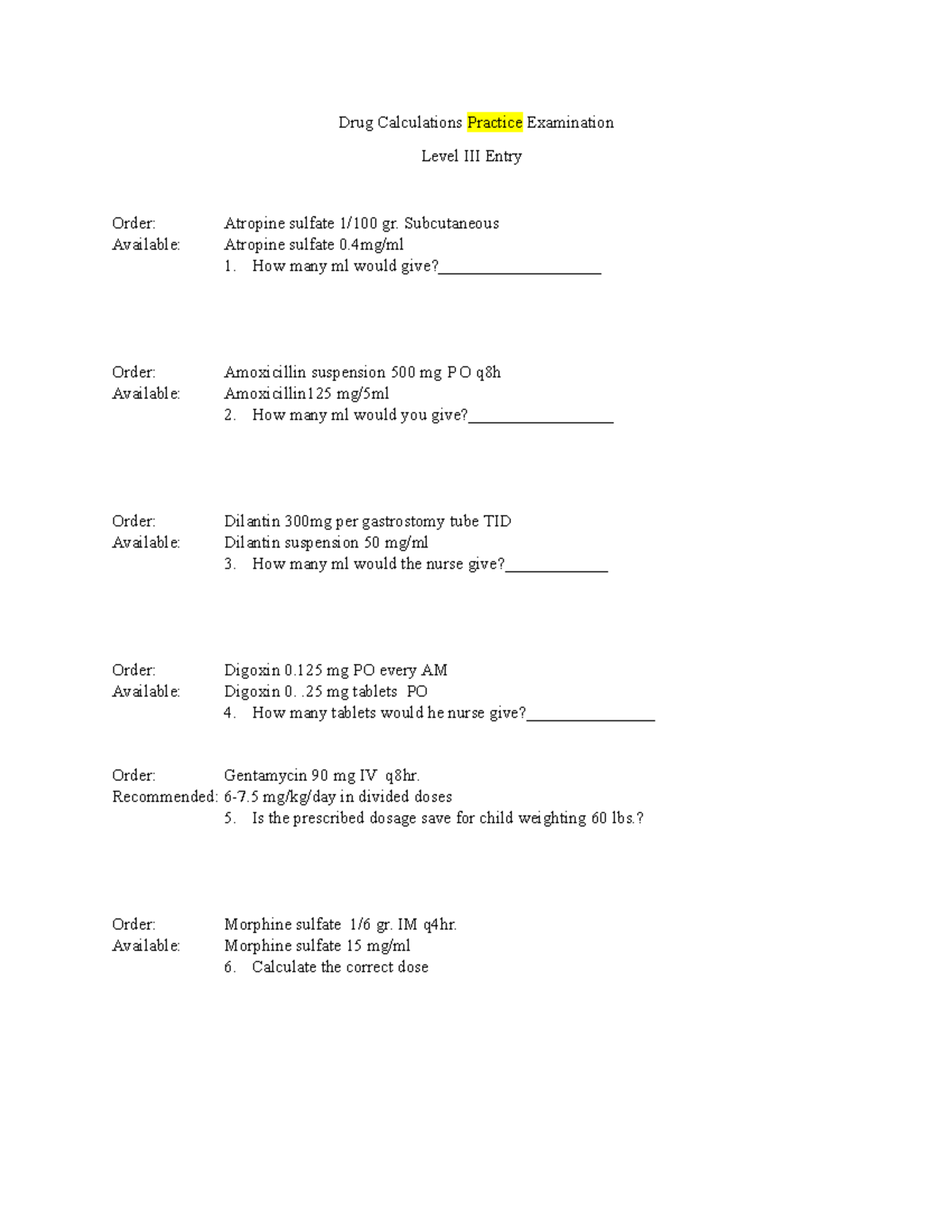 Drug Calculations Practice Examination Corrected 3 Drug Calculations