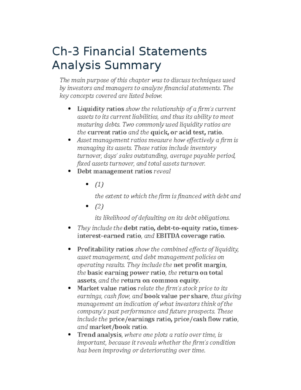 Ch- 3 Notes - Ch-3 Financial Statements Analysis Summary The main ...