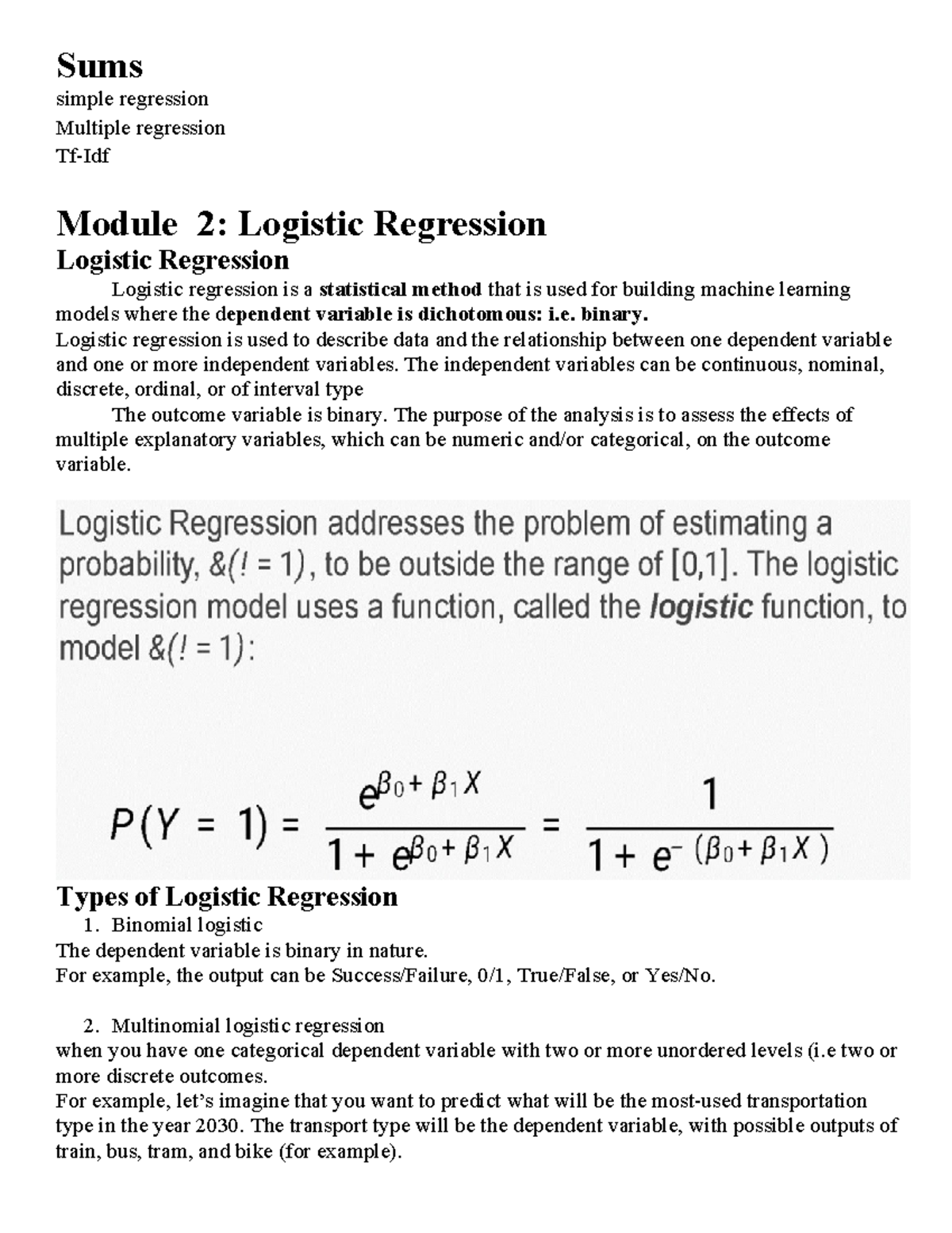 Random notes - Sums simple regression Multiple regression Tf-Idf Module ...