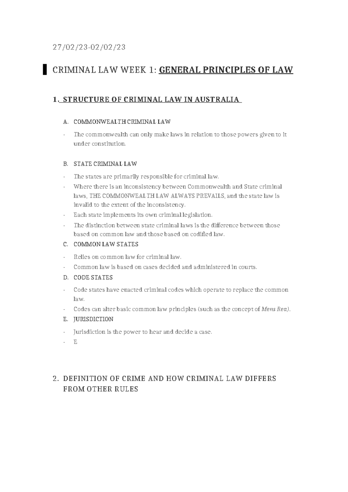notes criminal law week1 - 27/02/23-02/02/ CRIMINAL LAW WEEK 1: GENERAL ...