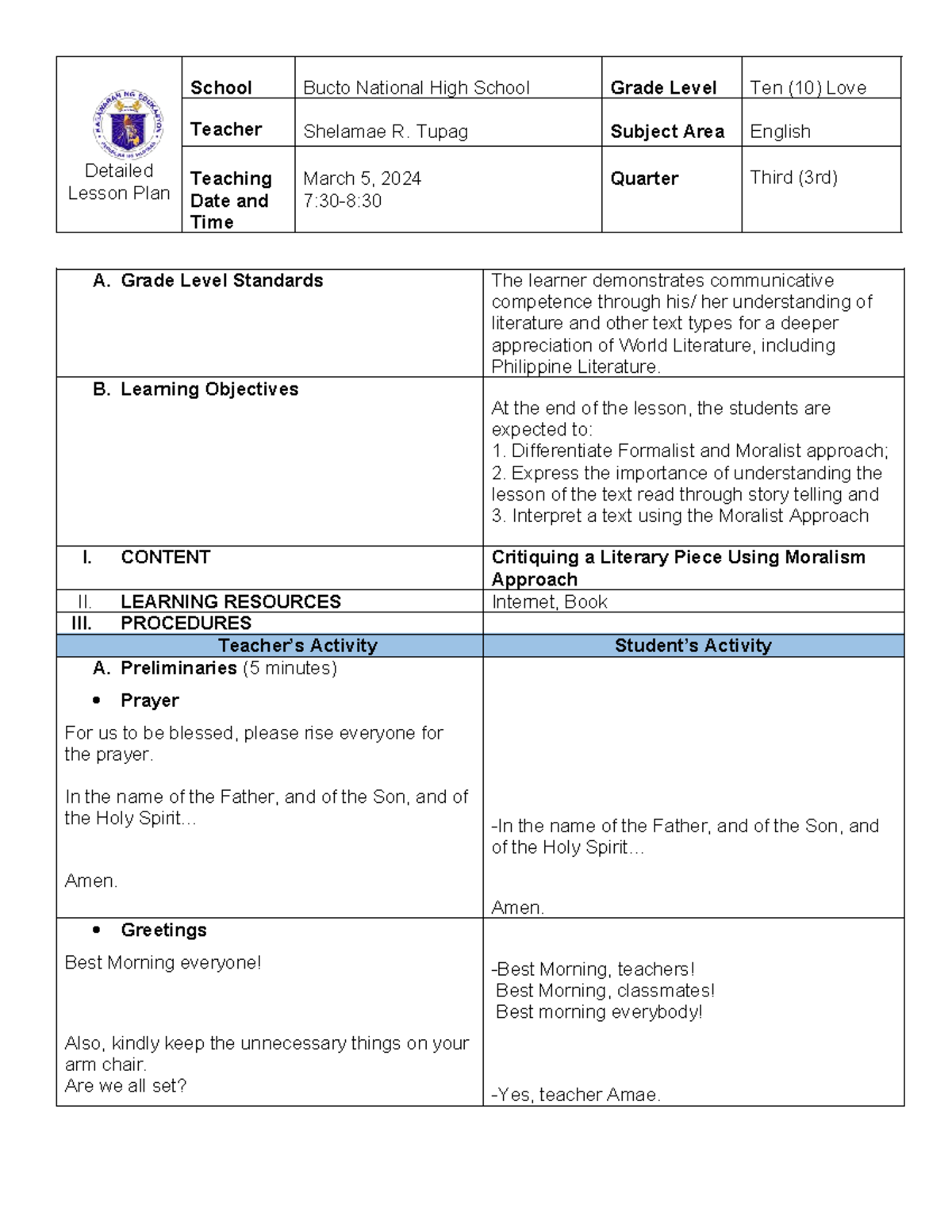 DLP 10 3.4- Moralist - Detailed Lesson Plan School Bucto National High ...