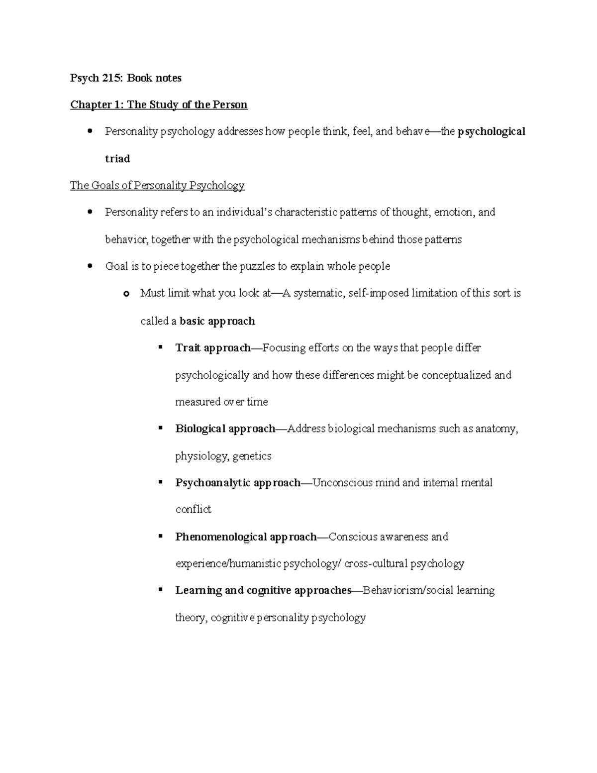 Psych 215 Book Notes EXAM 1 - Psych 215: Book notes Chapter 1: The ...