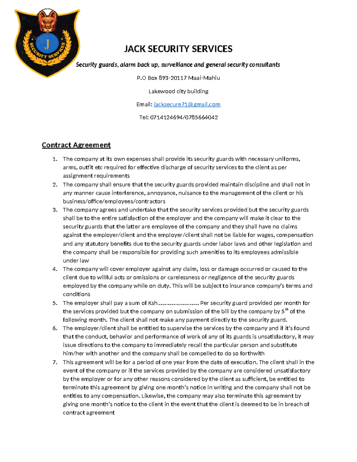 JACK Security Services Agreement - JACK SECURITY SERVICES Security ...