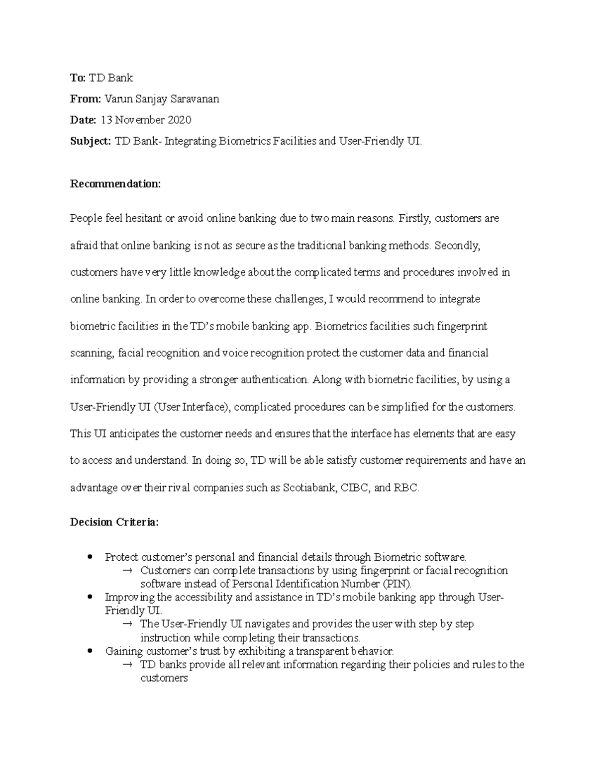 BU111 TD Case recommendation - To: TD Bank From: Varun Sanjay Saravanan ...
