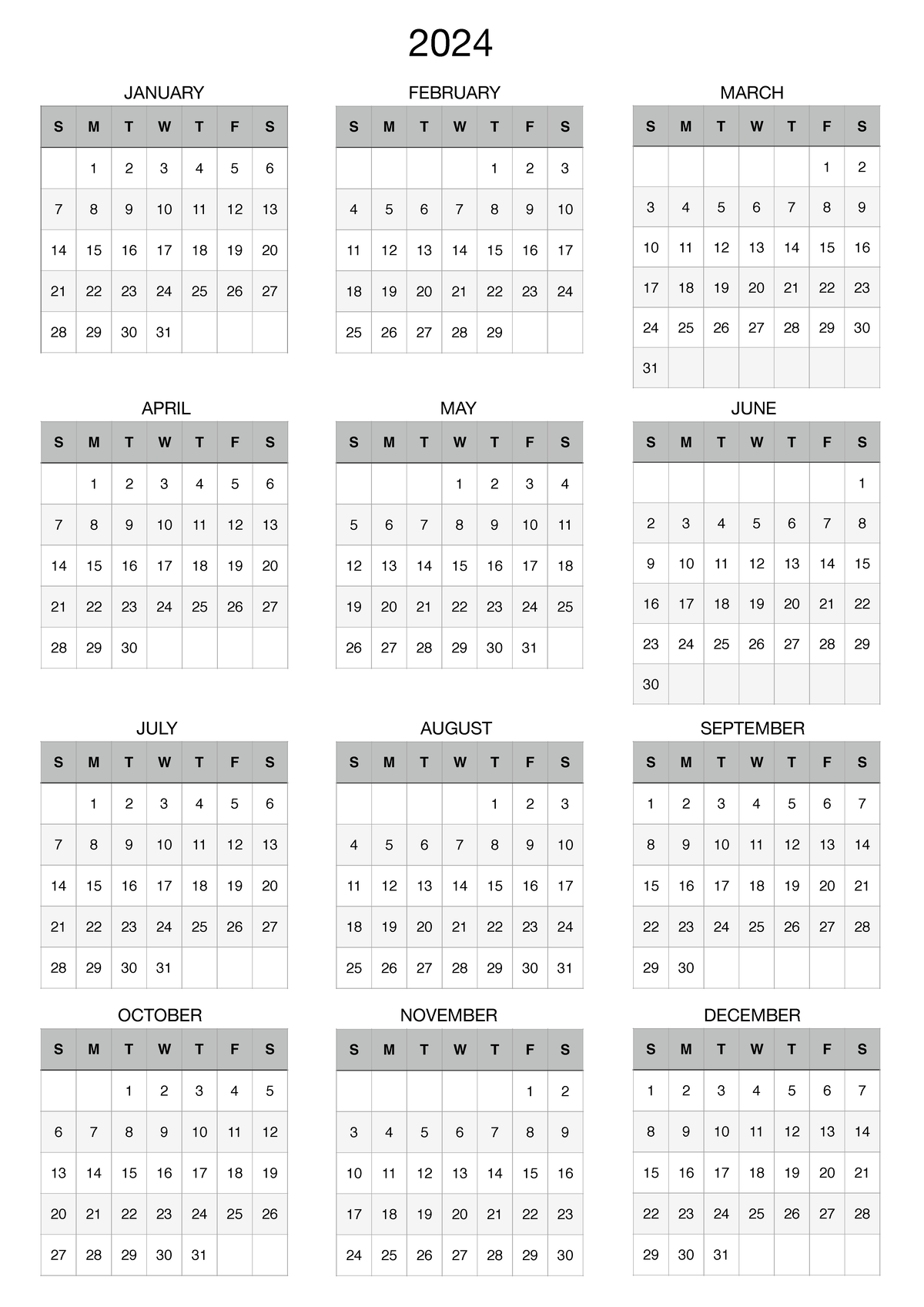 Calendar 2024 - S M T W T F S JANUARY FEBRUARY MARCH APRIL MAY JUNE ...