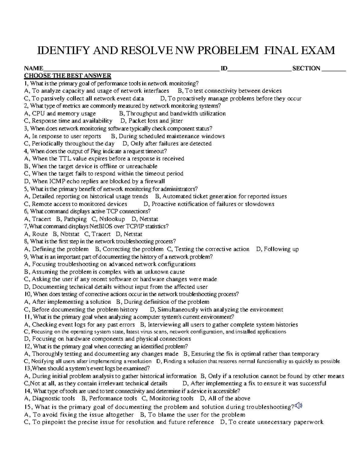 Identify AND Resolve NW Probelem Final EXAM - IDENTIFY AND RESOLVE NW ...