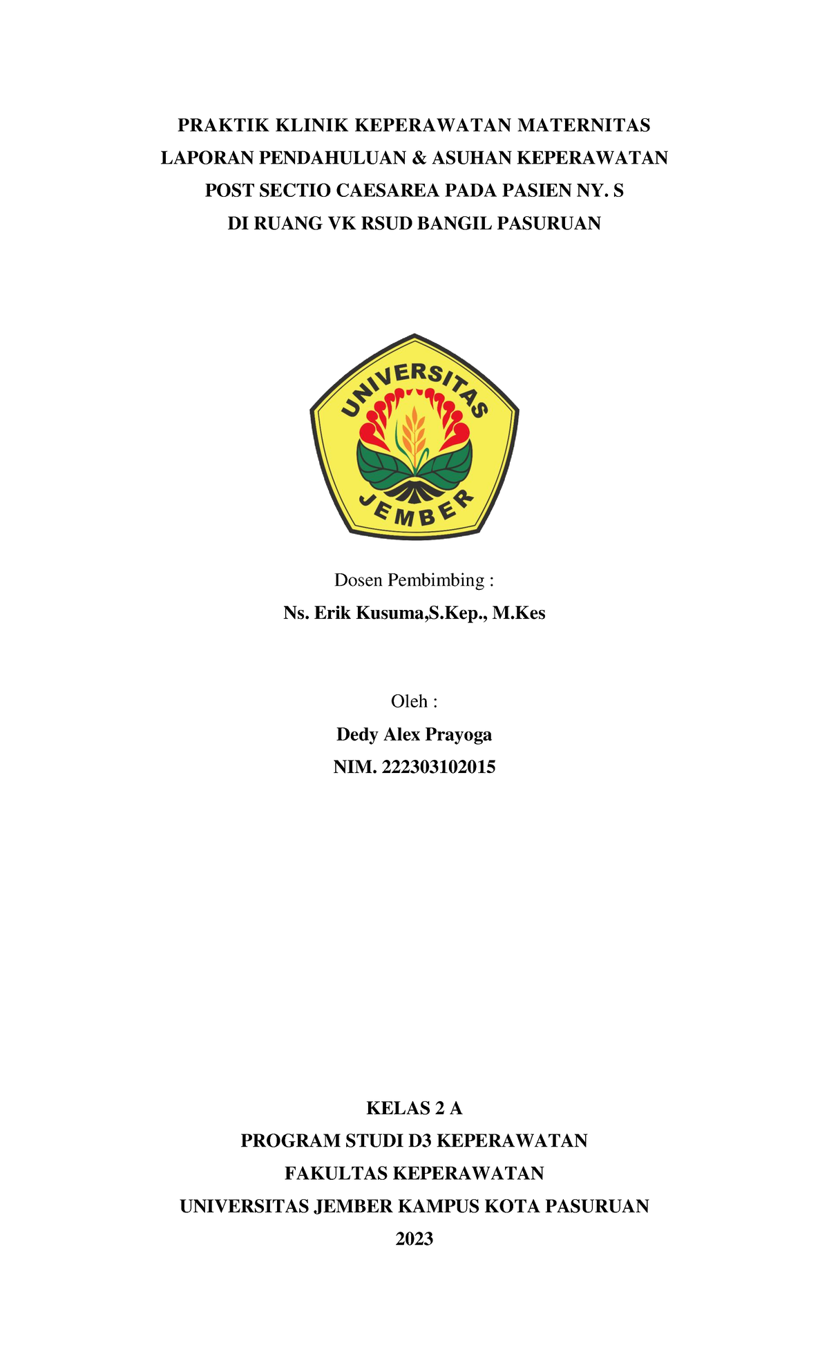 LP Maternitas VK DEDY - LP POST SC - PRAKTIK KLINIK KEPERAWATAN ...
