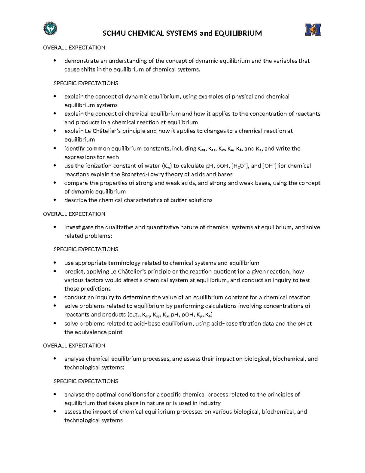 SCH4U Learning Goals Chemical System and Equilibrium - SCH4U CHEMICAL ...
