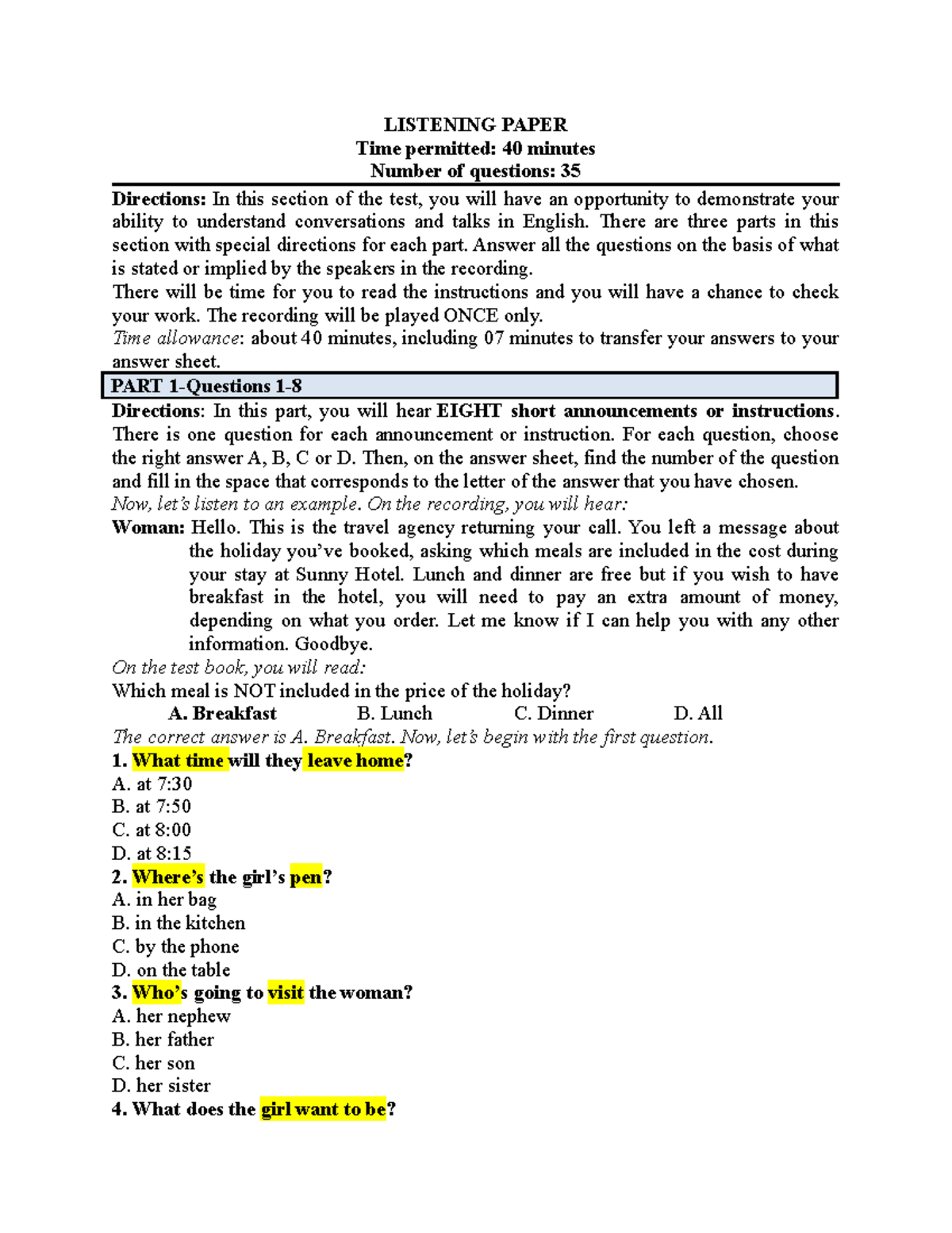 listening excercise - LISTENING PAPER Time permitted: 40 minutes Number ...