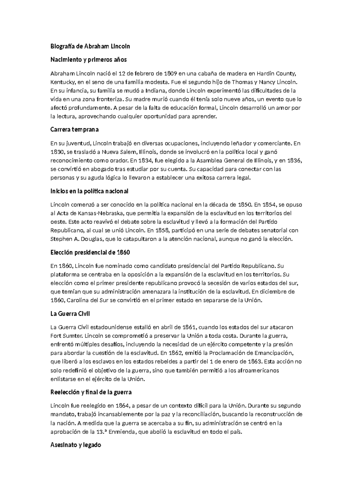 Biografía de Abraham Lincoln - Biografía de Abraham Lincoln Nacimiento ...