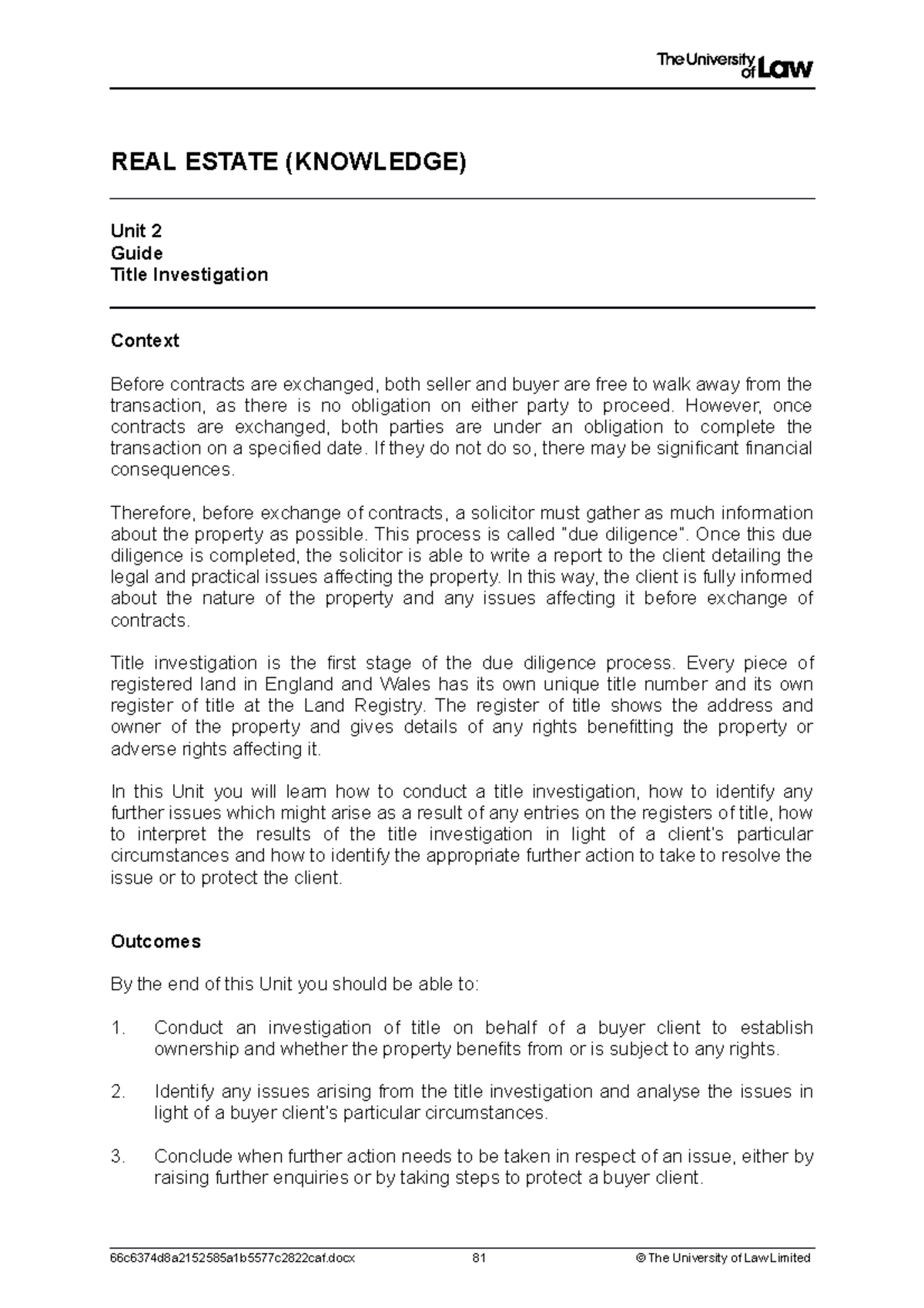 2 Title Investigation - Guide - REAL ESTATE (KNOWLEDGE) Unit 2 Guide ...