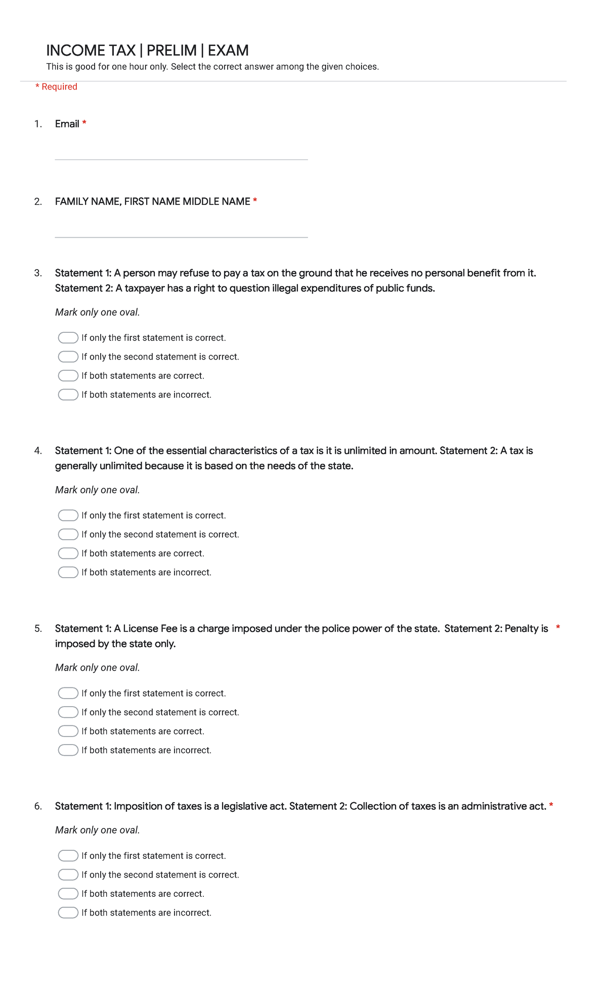 Income TAX Prelim EXAM - Google Forms - 1. Email * 2. 3. Mark only one ...