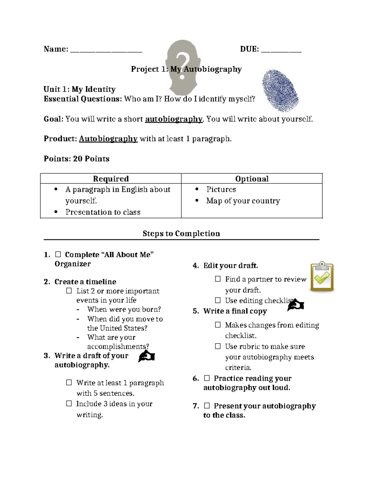 Autobiography Project-1 - Name: _______________________ DUE ...