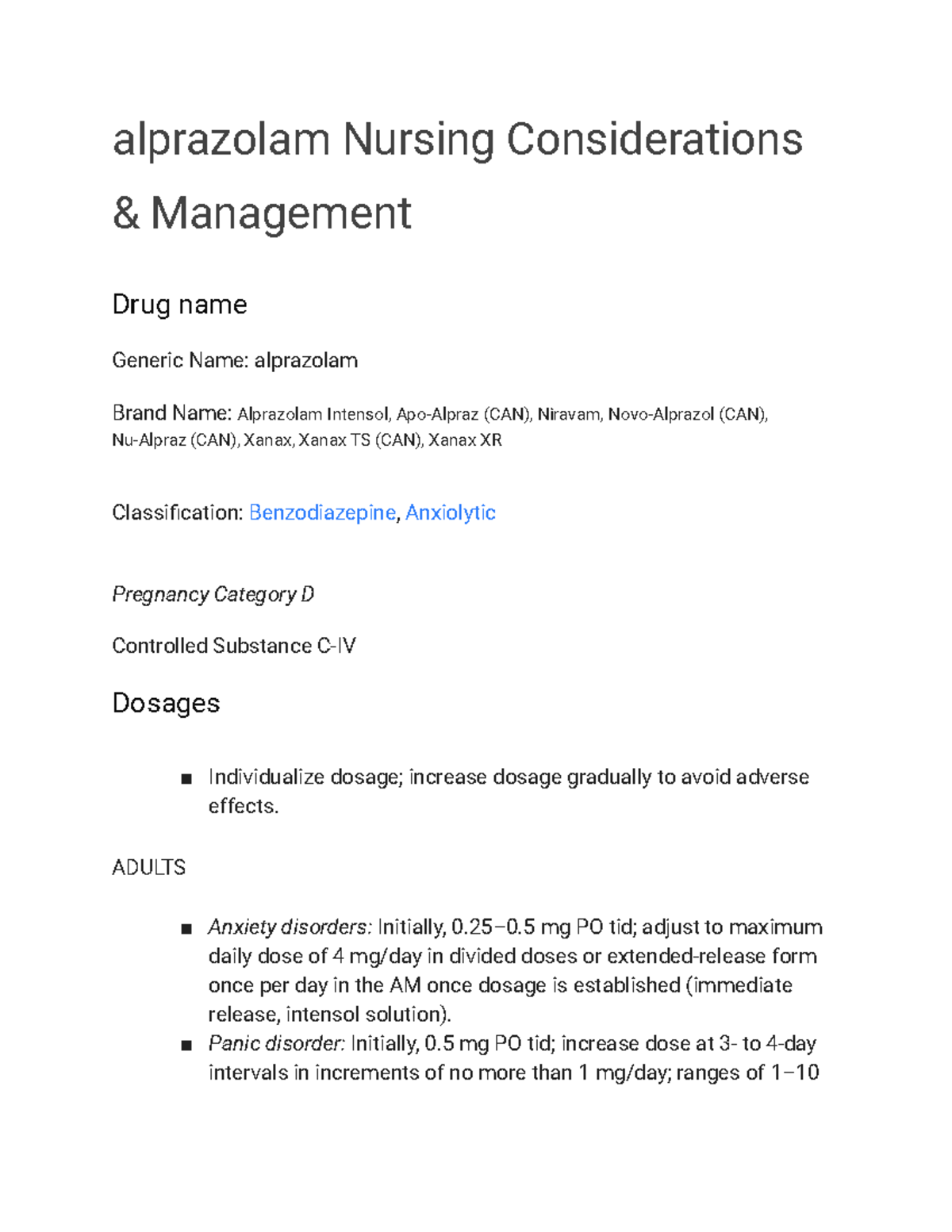 Untitled document - lecture notes - alprazolam Nursing Considerations ...