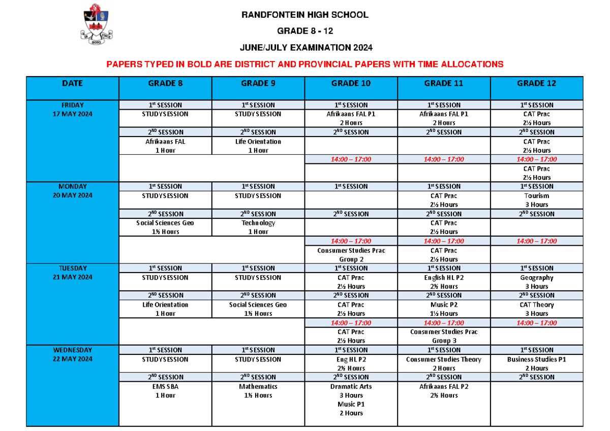 TERM 2 - Assessment Timetable 2024 - RANDFONTEIN HIGH SCHOOL GRADE 8 ...