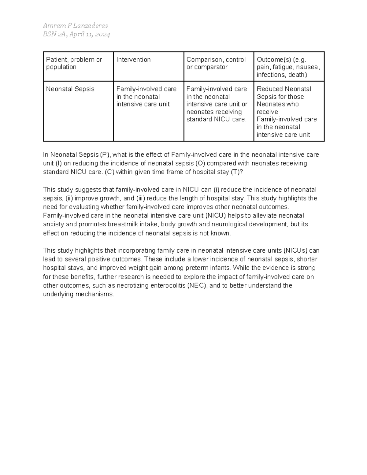PICO - Notes - Amram P Lanzaderas BSN 2A, April 11, 2024 Patient ...