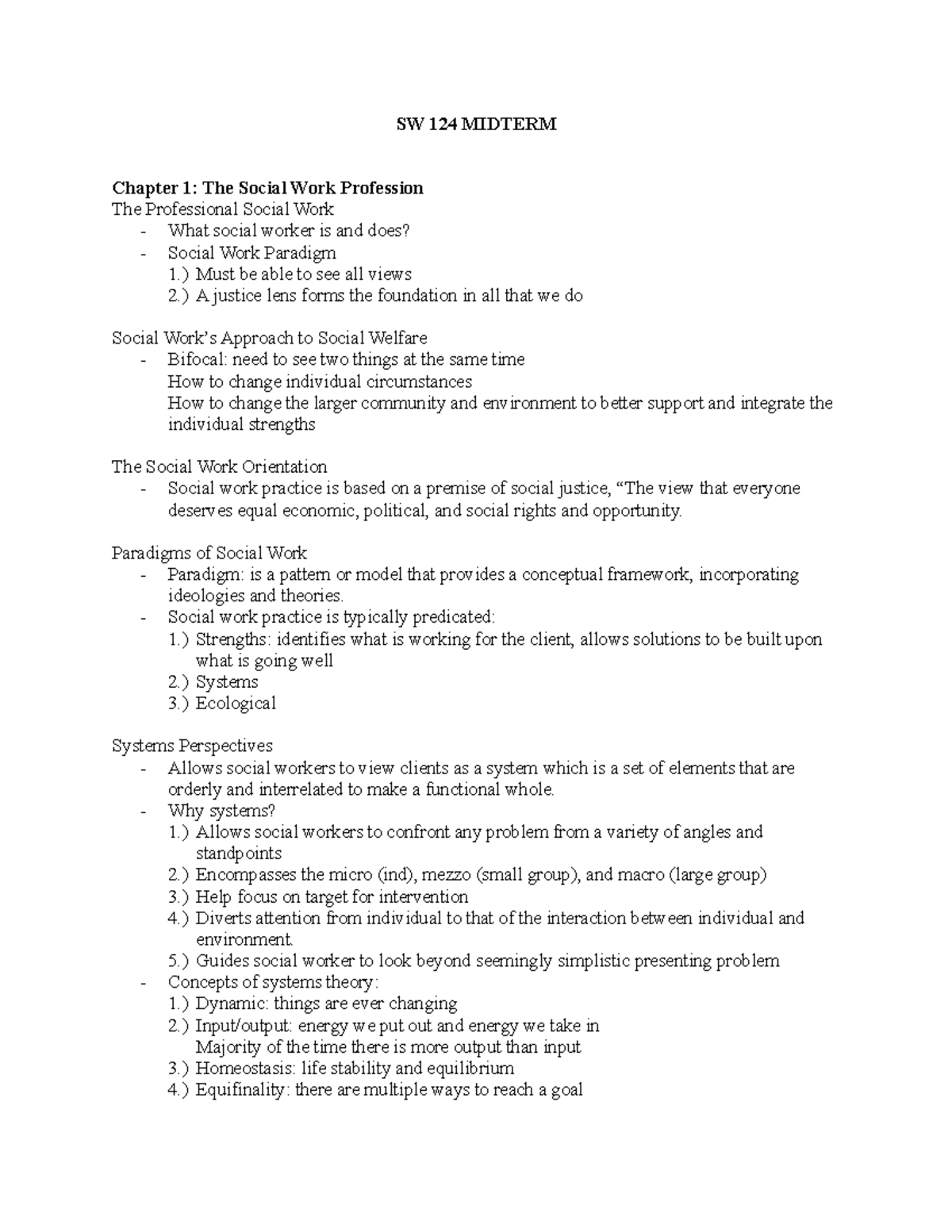 Midterm - summary - SW 124 MIDTERM Chapter 1: The Social Work ...